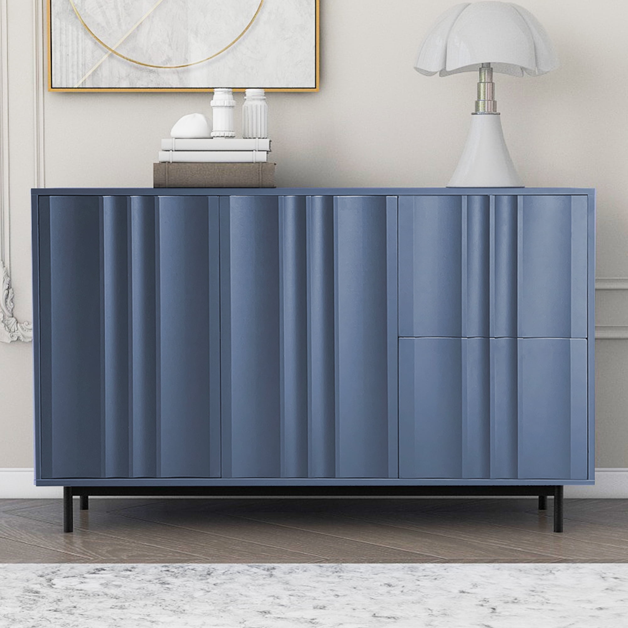 EUROCO Free Standing Buffet Cabinet，Wave Pattern Storage Sideboard with 2 Doors，4 Drawers ...