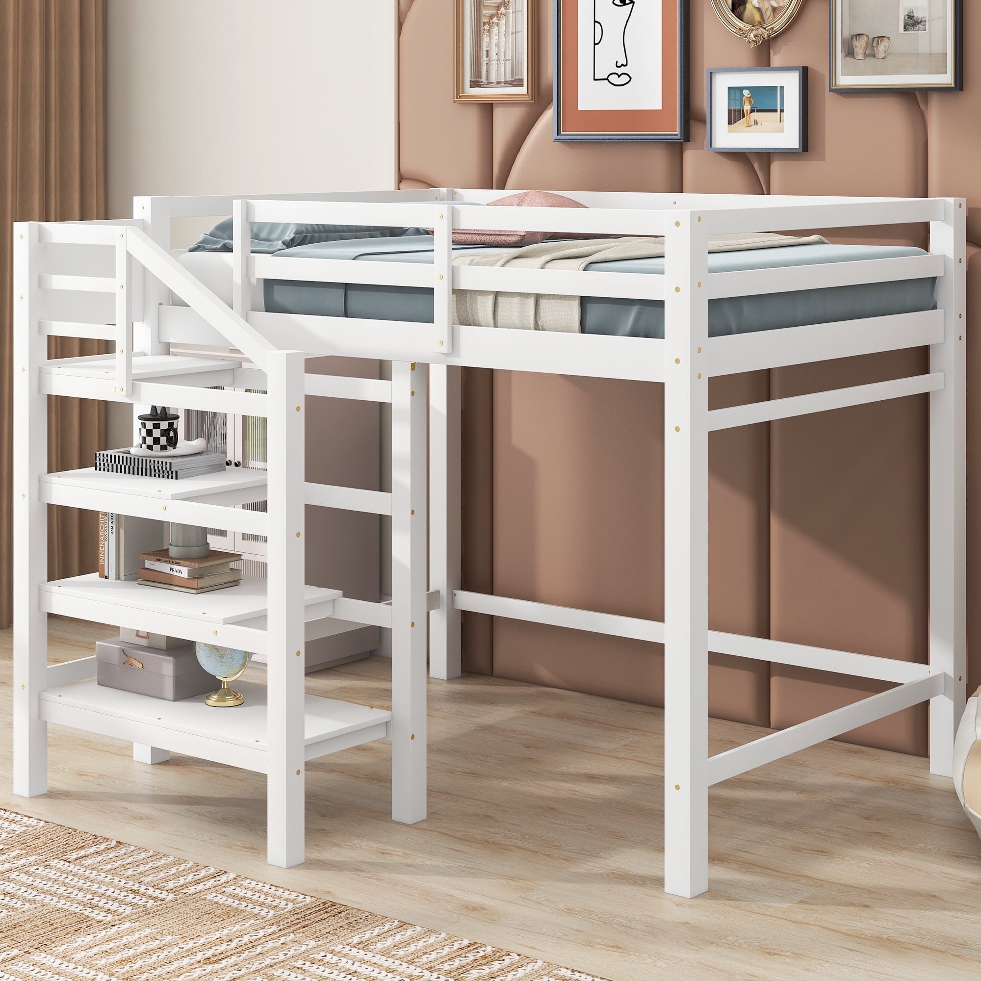 EUROCO Modern Full Size Loft Bed with Storage Shelf, White - Walmart.com