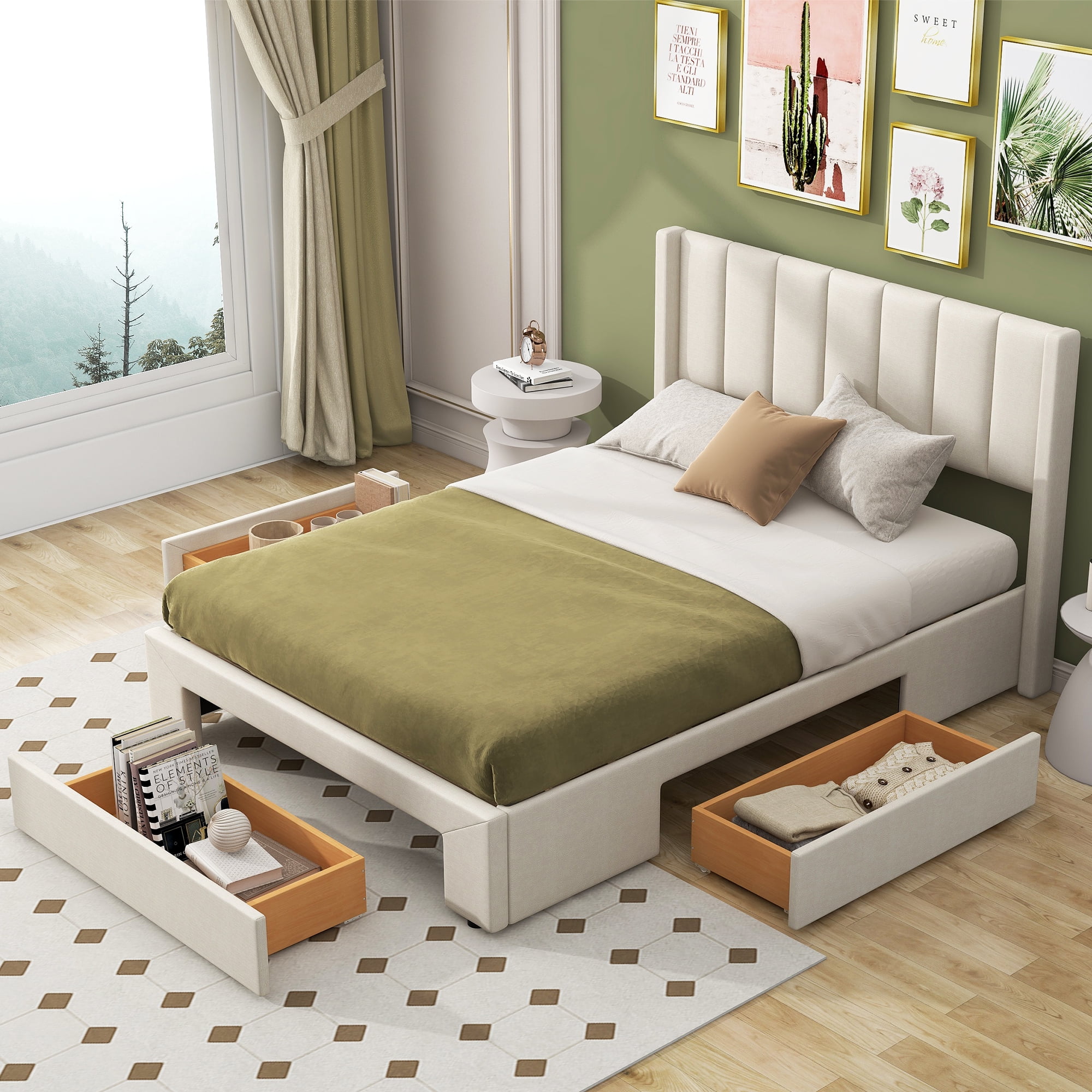 EUROCO Full Size Upholstery Platform Bed with Three Storage Drawers for ...