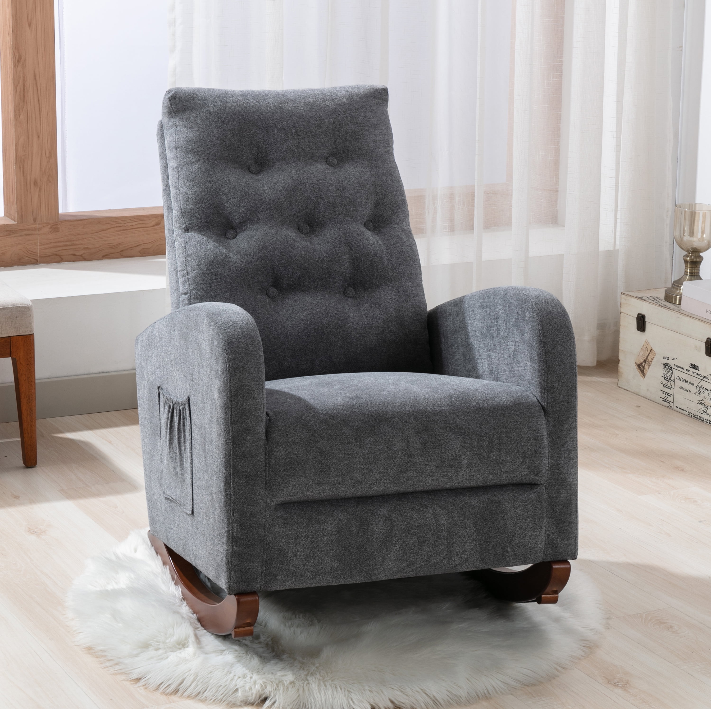 EUROCO Grey High Back Rocking Chair, Comfortable Padded Seat, Modern ...