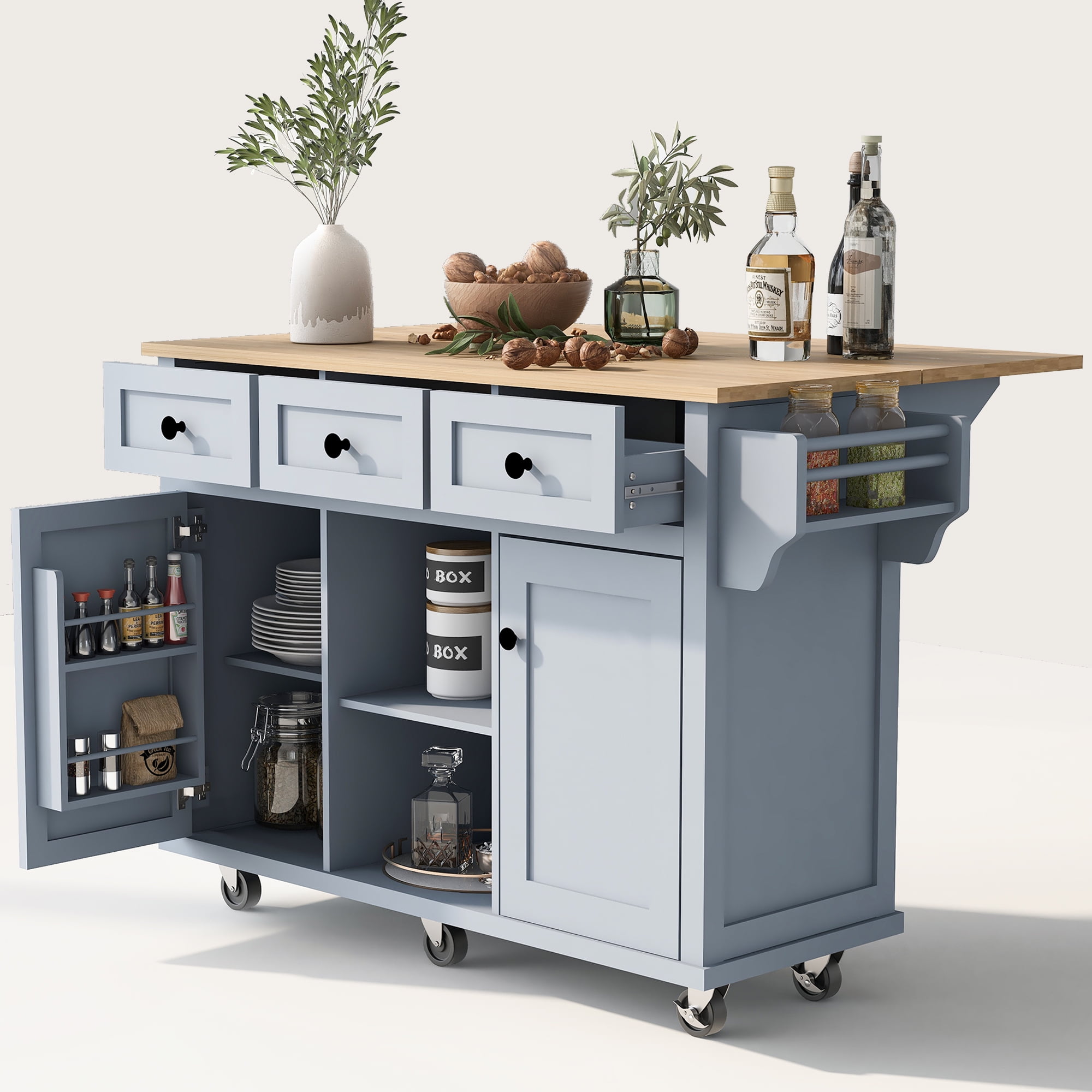 EUROCO Blue Kitchen Island Cart with Wheels, Drop-Leaf Countertop ...