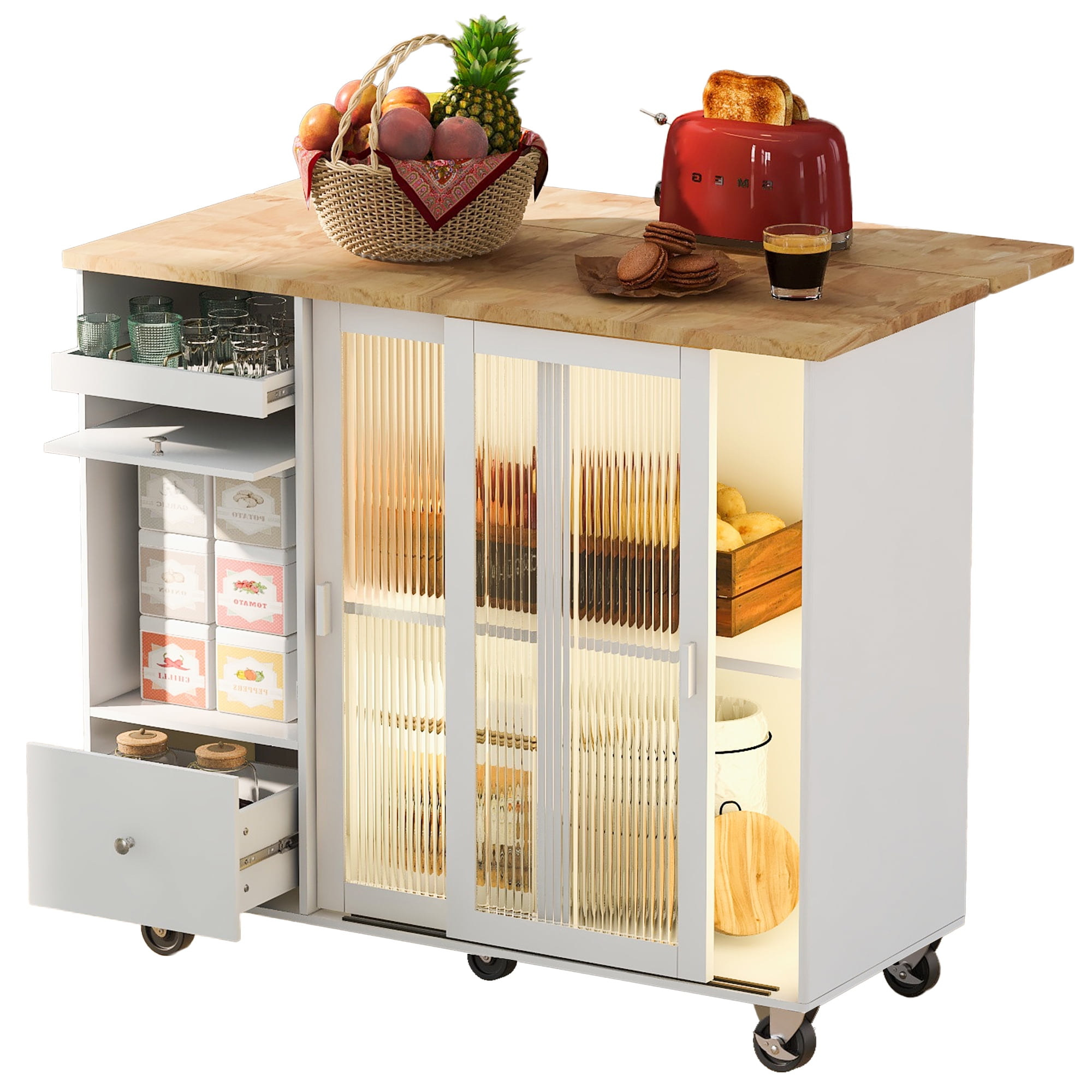 EUROCO Kitchen Island with Drop Leaf,44" Solid Wood Large Rolling ...