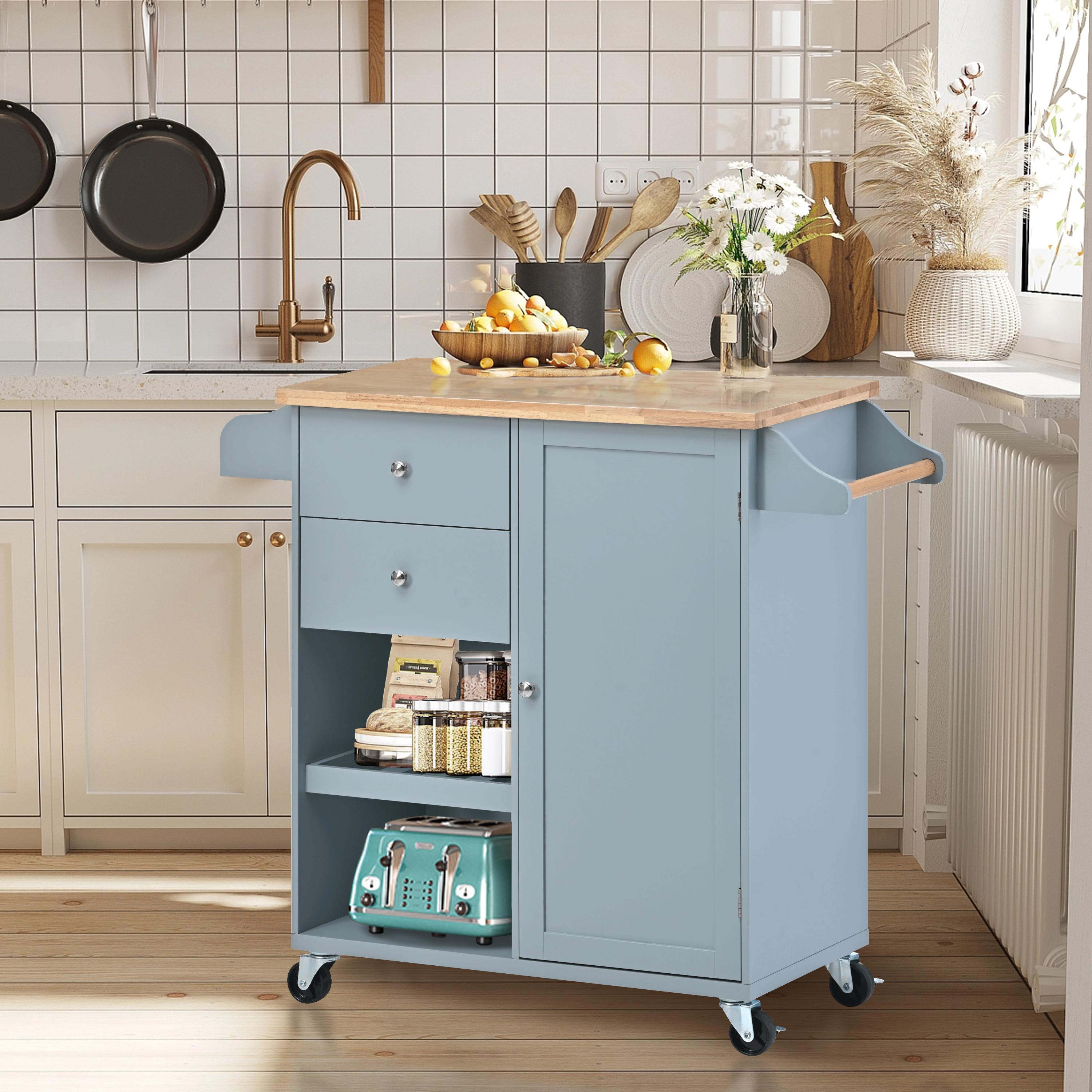 EUROCO Portable Kitchen Island with Storage, Solid Wood Countertop ...