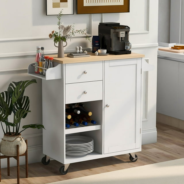 EUROCO Wooden Kitchen Island Cart, Storage, Solid Countertop ...