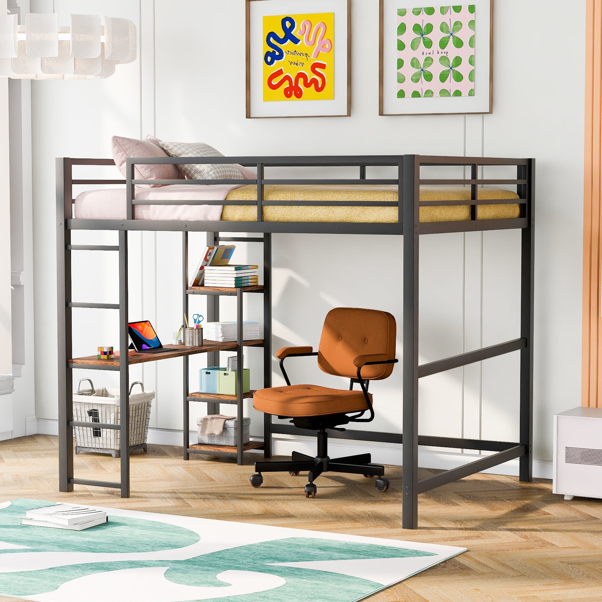 EUROCO Metal Full Size Loft Bed with Desk and Shelf, Black - Walmart.com