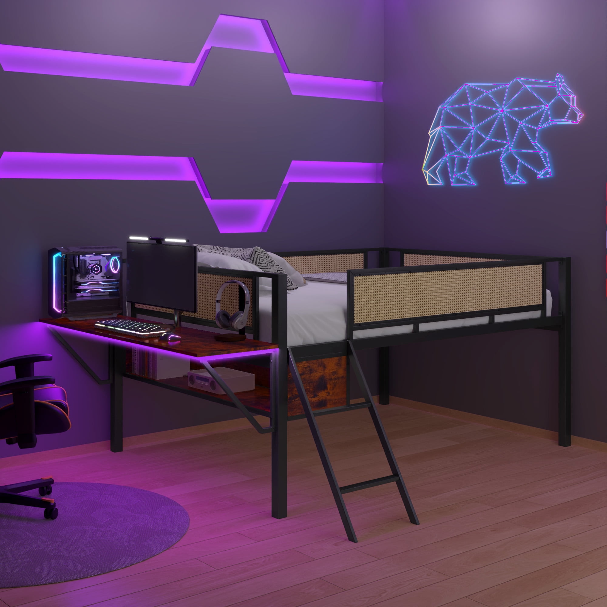 EUROCO Metal Gaming Bed, Rattan Full Size Loft Bed with Desk, LED Light ...