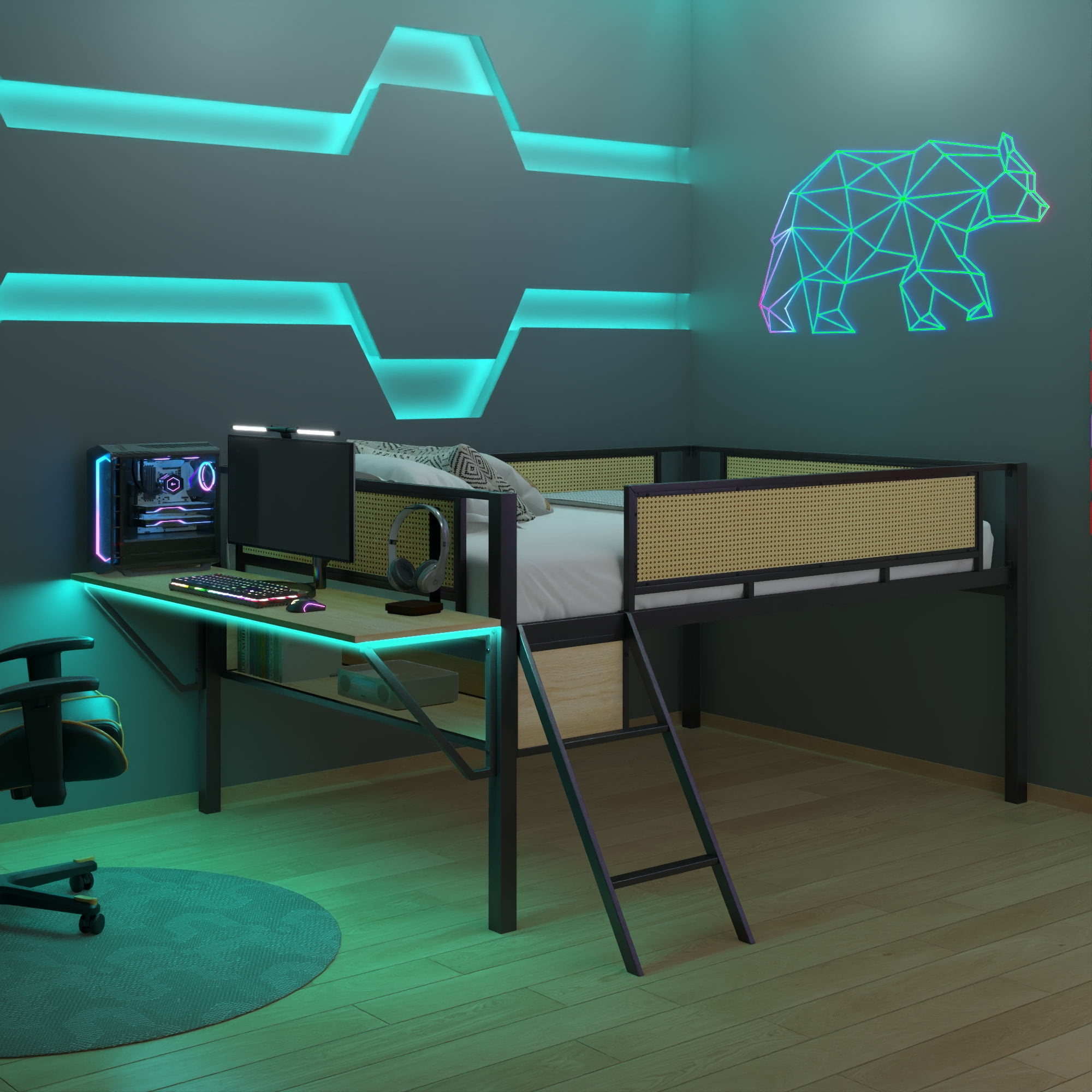 EUROCO Metal Gaming Bed, Rattan Full Size Loft Bed with Desk, LED Light ...