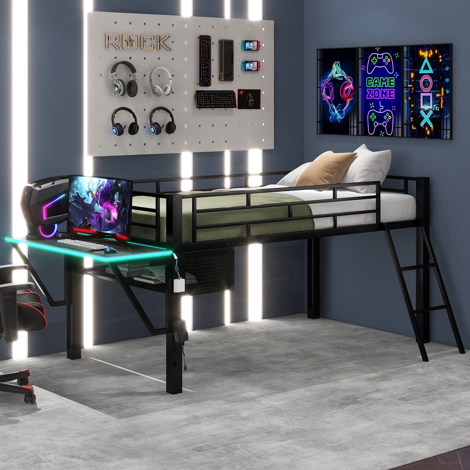 EUROCO Metal Gaming Bed with Desk and LED Light, Twin Loft bed for Kids ...