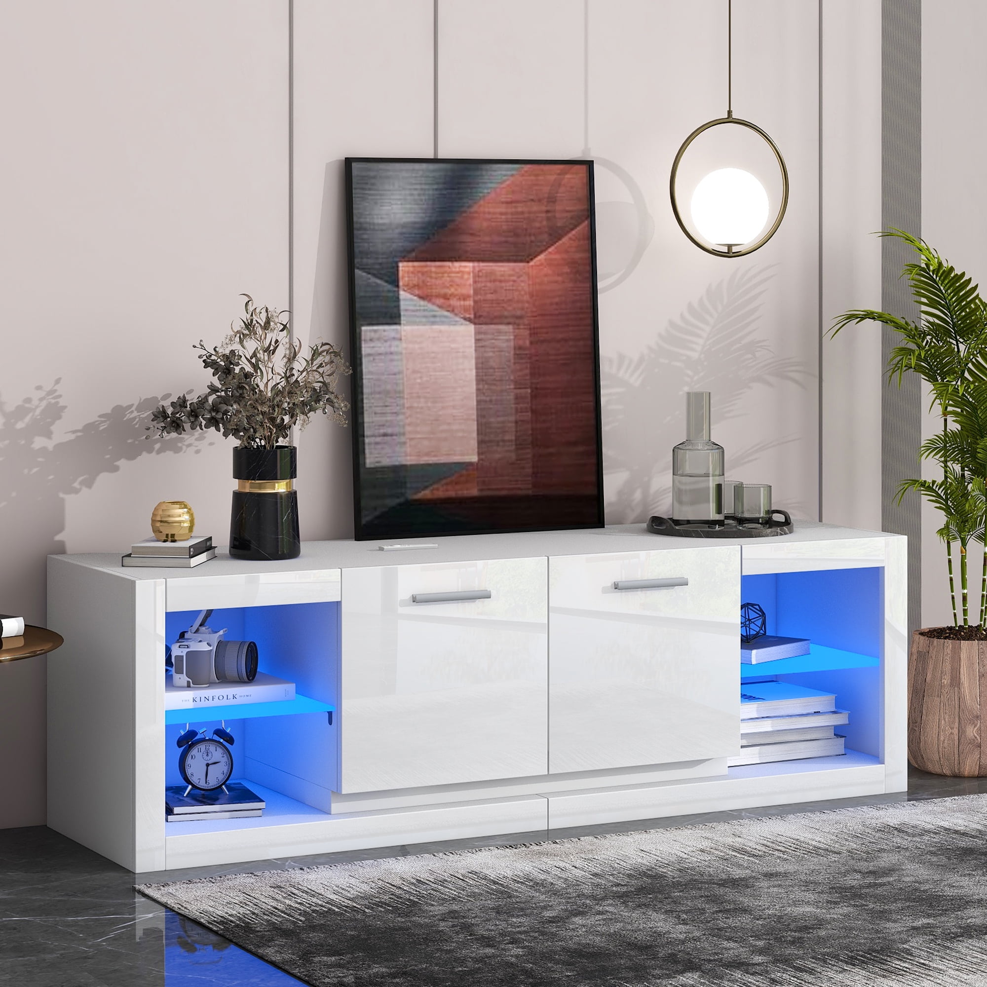 EUROCO Modern High Gloss TV Stand with LED Lights for TVs Up to 70”, 2 ...