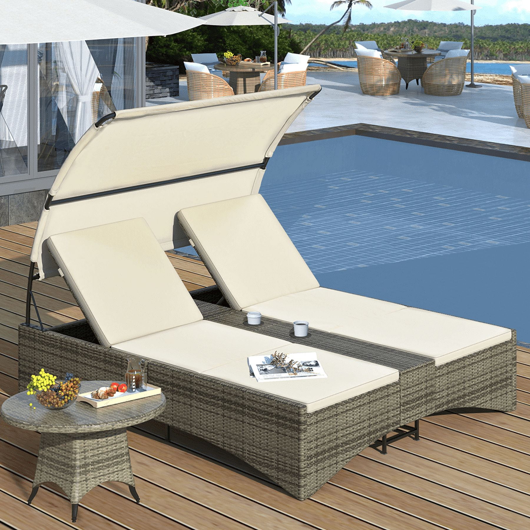 EUROCO Patio Daybed Rattan Sun Lounger, Outdoor Daybed with Shelter ...
