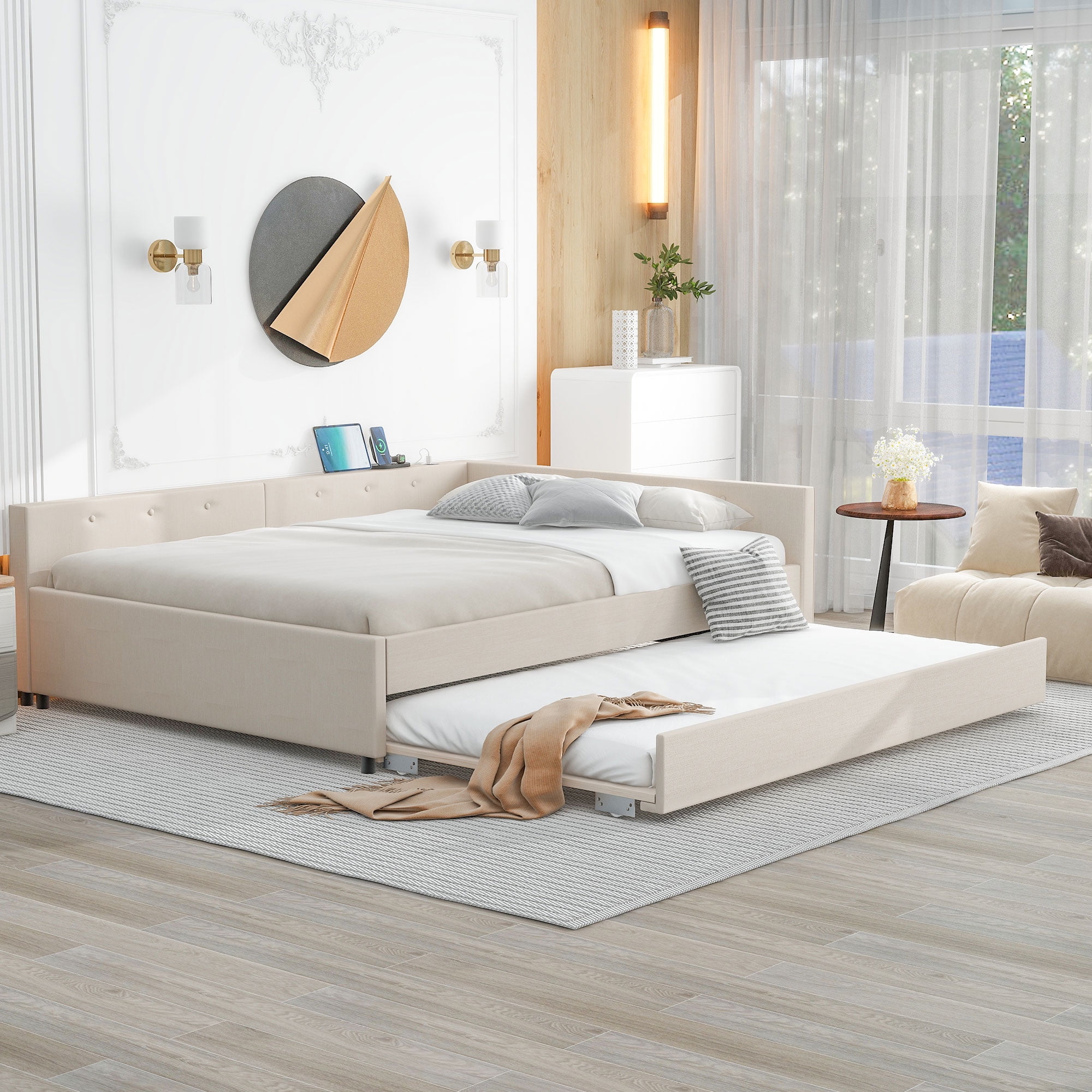 EUROCO Queen Size Upholstered Daybed with Twin Trundle Sofa Bed with USB Charging Station Beige