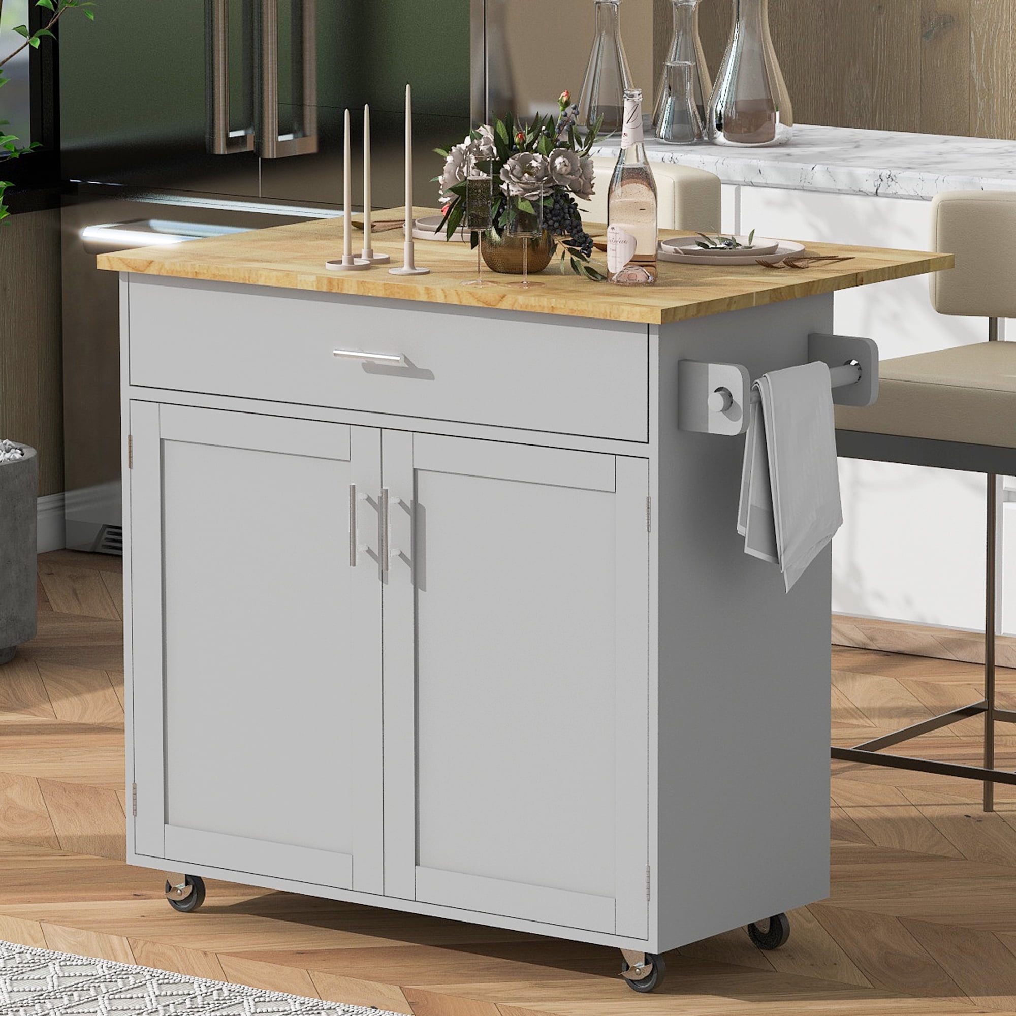 EUROCO Rolling Kitchen Island on Wheels, Kitchen Cart with Rubber Wood ...