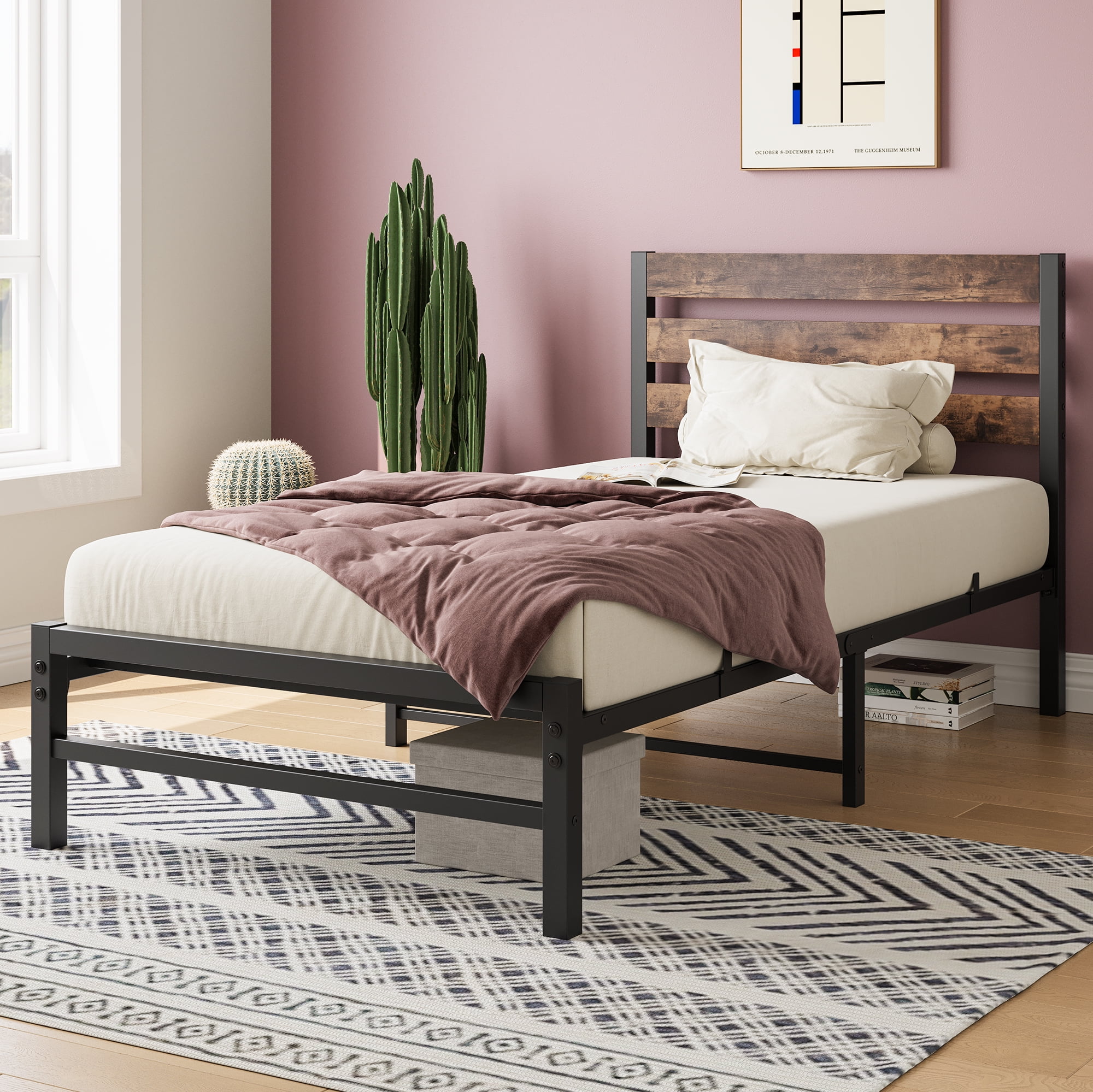 EUROCO Rustic Platform Bed Frame, Metal Bed with Slats and Wood ...