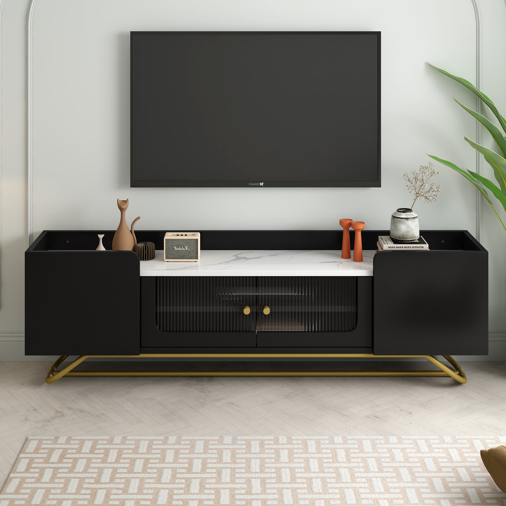 EUROCO TV Stand Up to 65" with Fluted Glass,TV Console Table with Faux ...