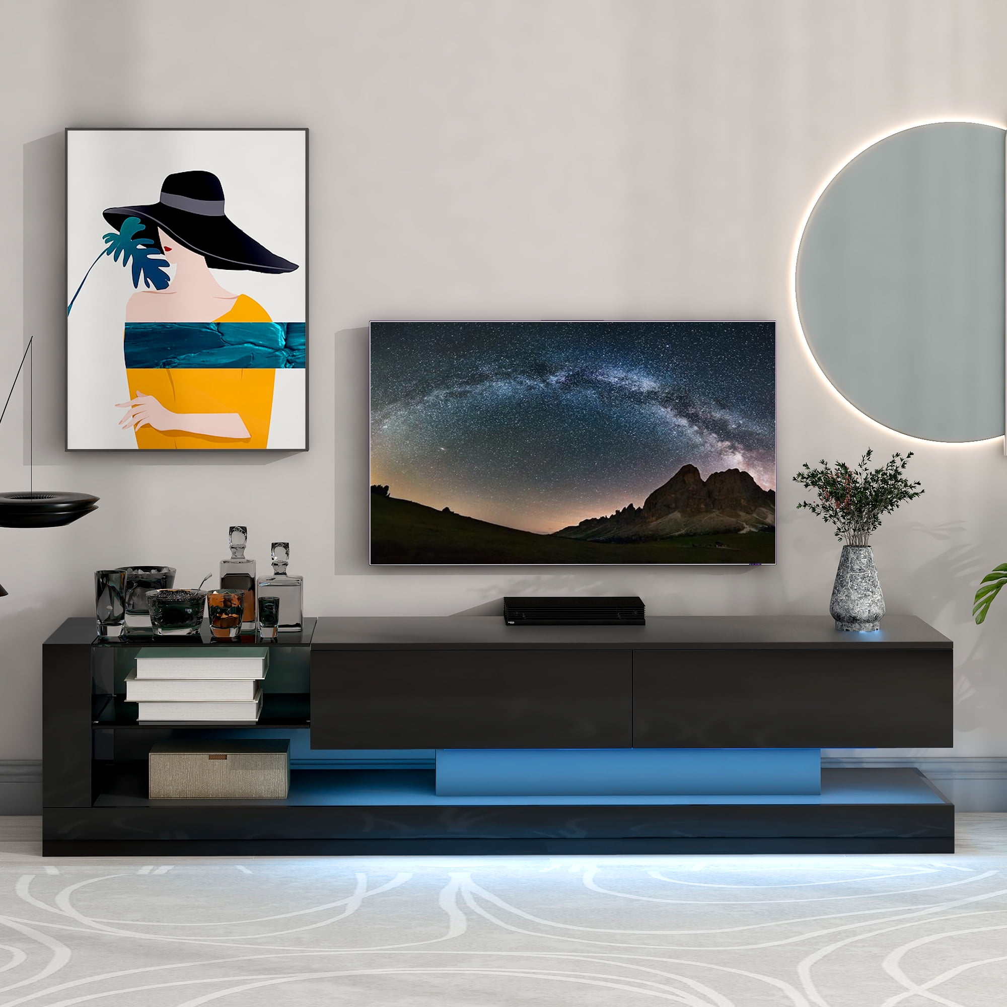 Euroco TV Stand for 75 Inch TV, High Gloss, LED Lights, 2 Storage ...
