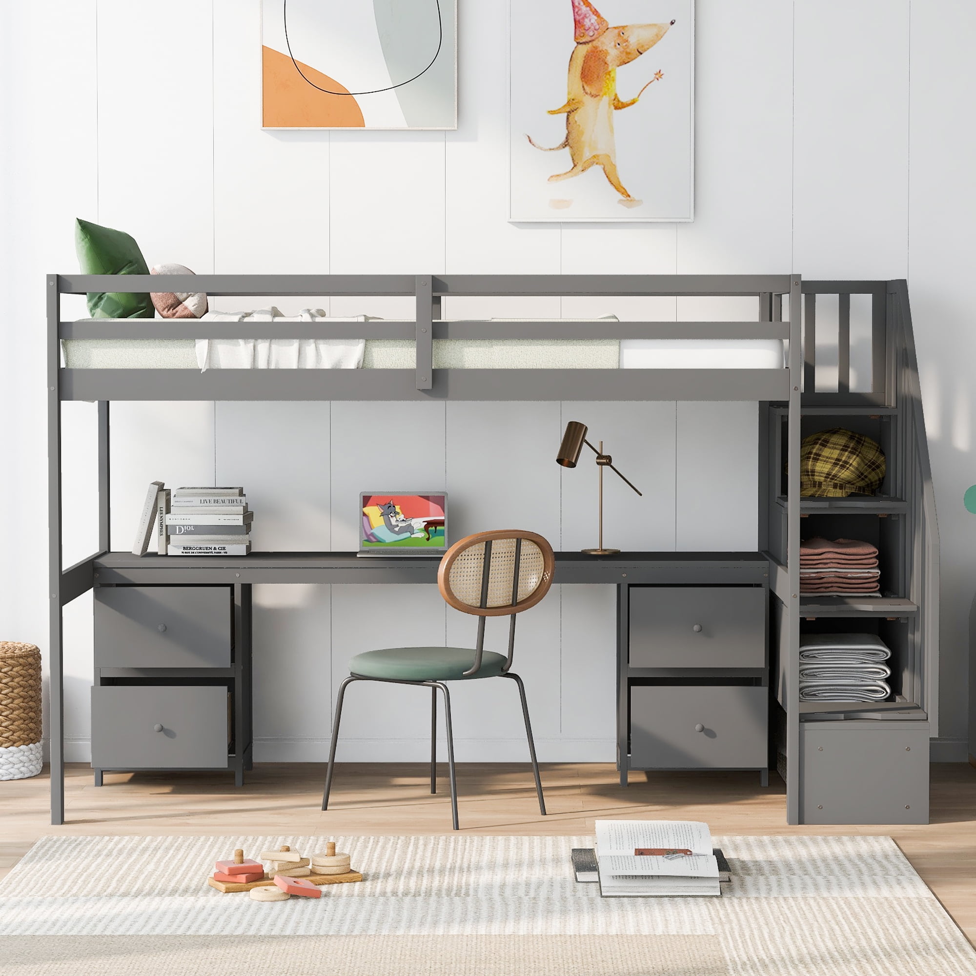 EUROCO Twin Loft Bed with Desk and 4 Drawers, Moveable Staircase for ...