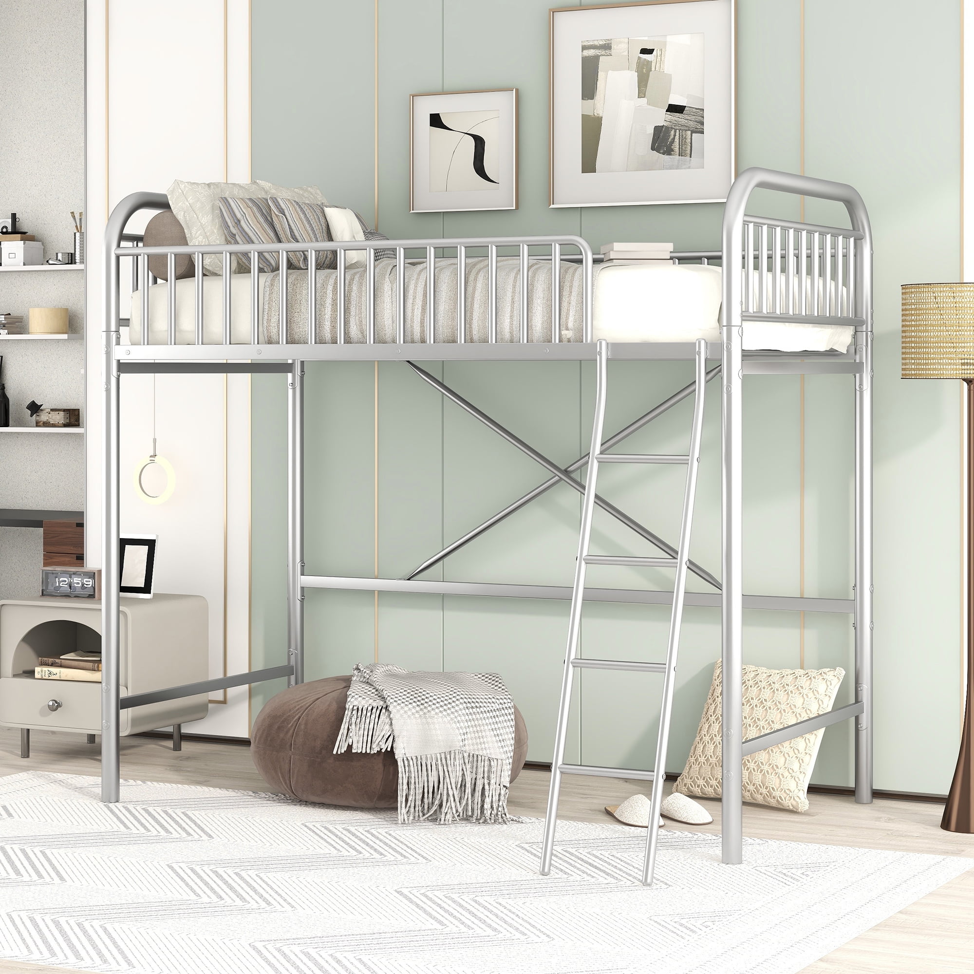 EUROCO Twin Metal Loft Bed with Ladde for Kids, Silver - Walmart.com