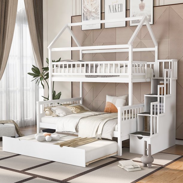 EUROCO Twin over Full House Bunk Bed with Trundle for Kids, Storage ...