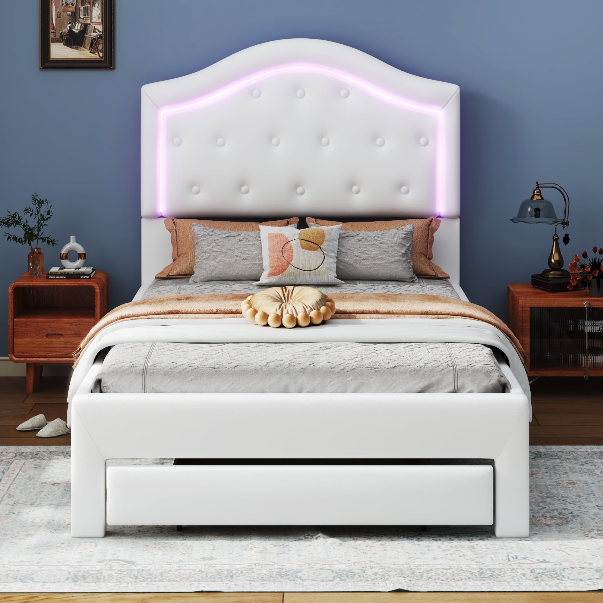 EUROCO Upholstered Twin Bed Frame, Platform Bed with Drawers and LED ...