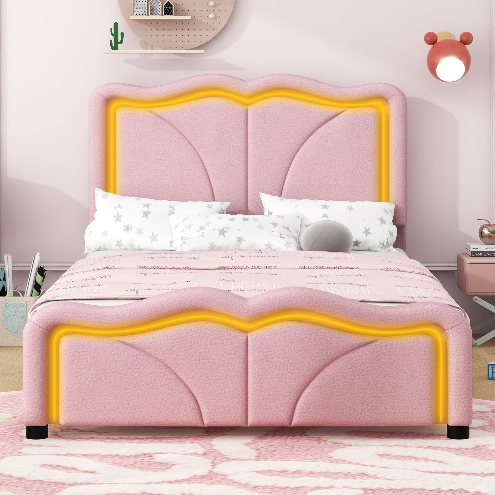 EUROCO Upholstered Twin Platform Bed, Cartoon Bed with Adjustable ...