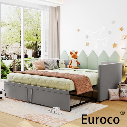 EUROCO Upholstered Twin Size Daybed with Pou up Trundle Bed ...