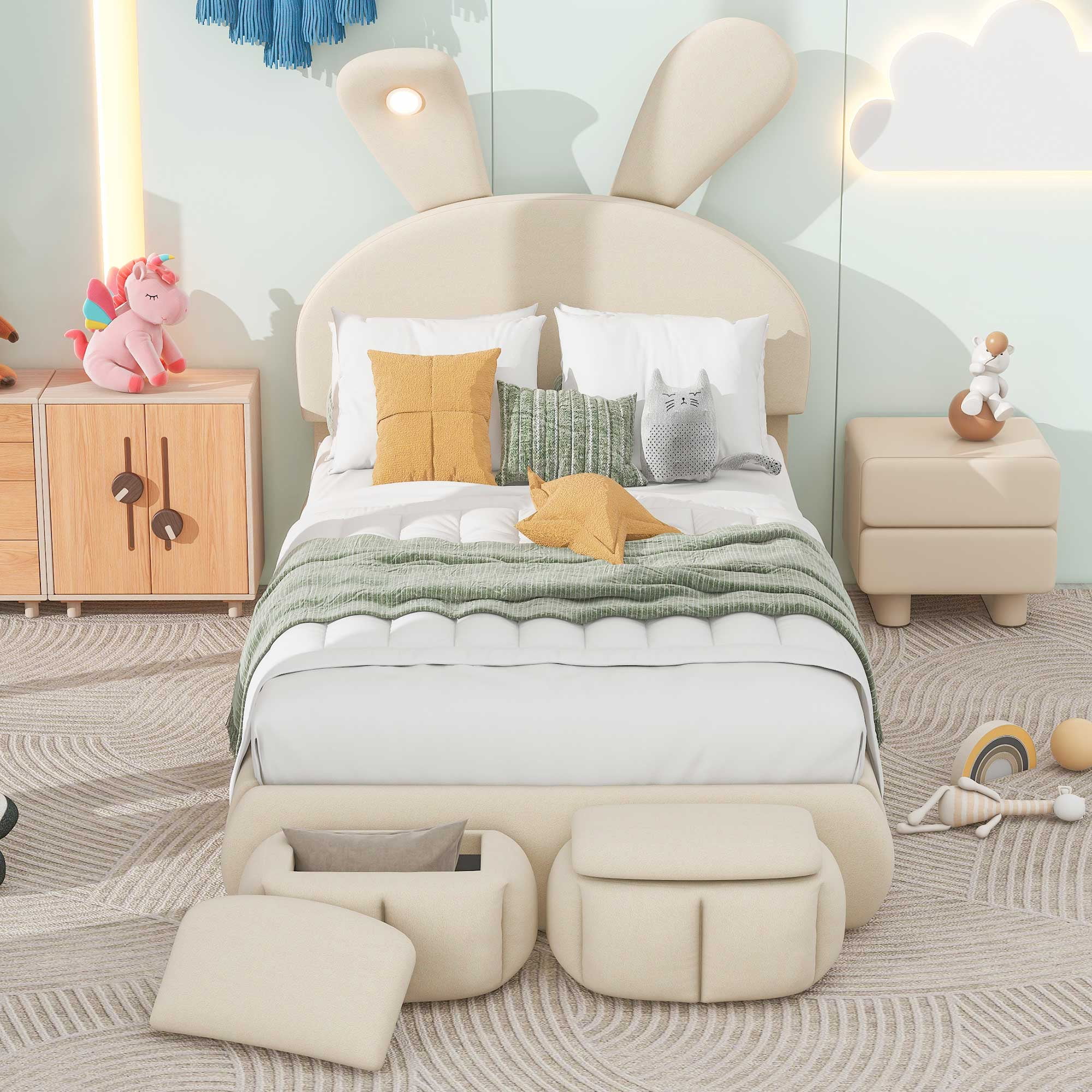 EUROCO Upholstered Twin Size Platform Bed, Bunny Shaped Daybed with ...