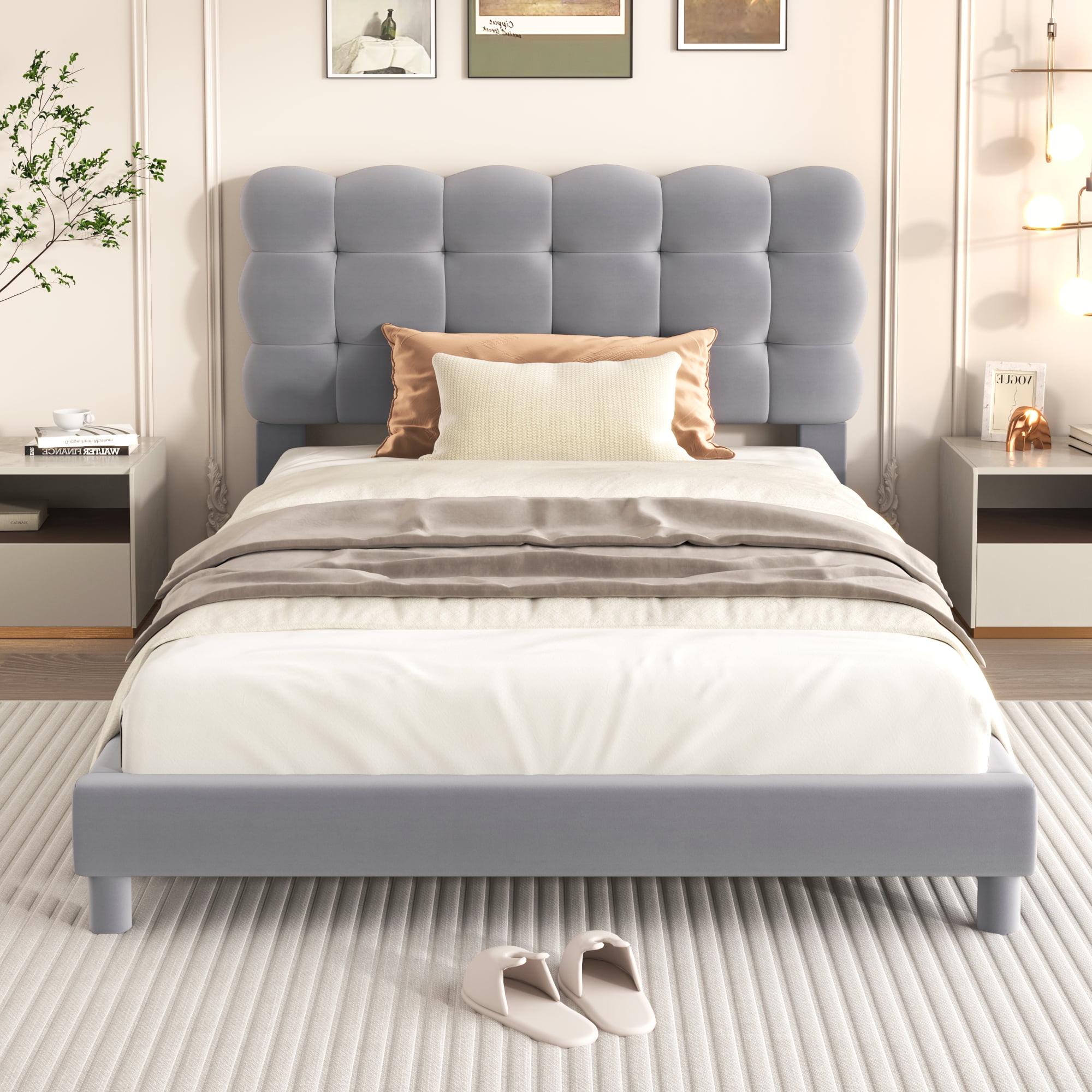 EUROCO Upholstery Twin Size Platform Bed with Padded Headboard for Kids ...