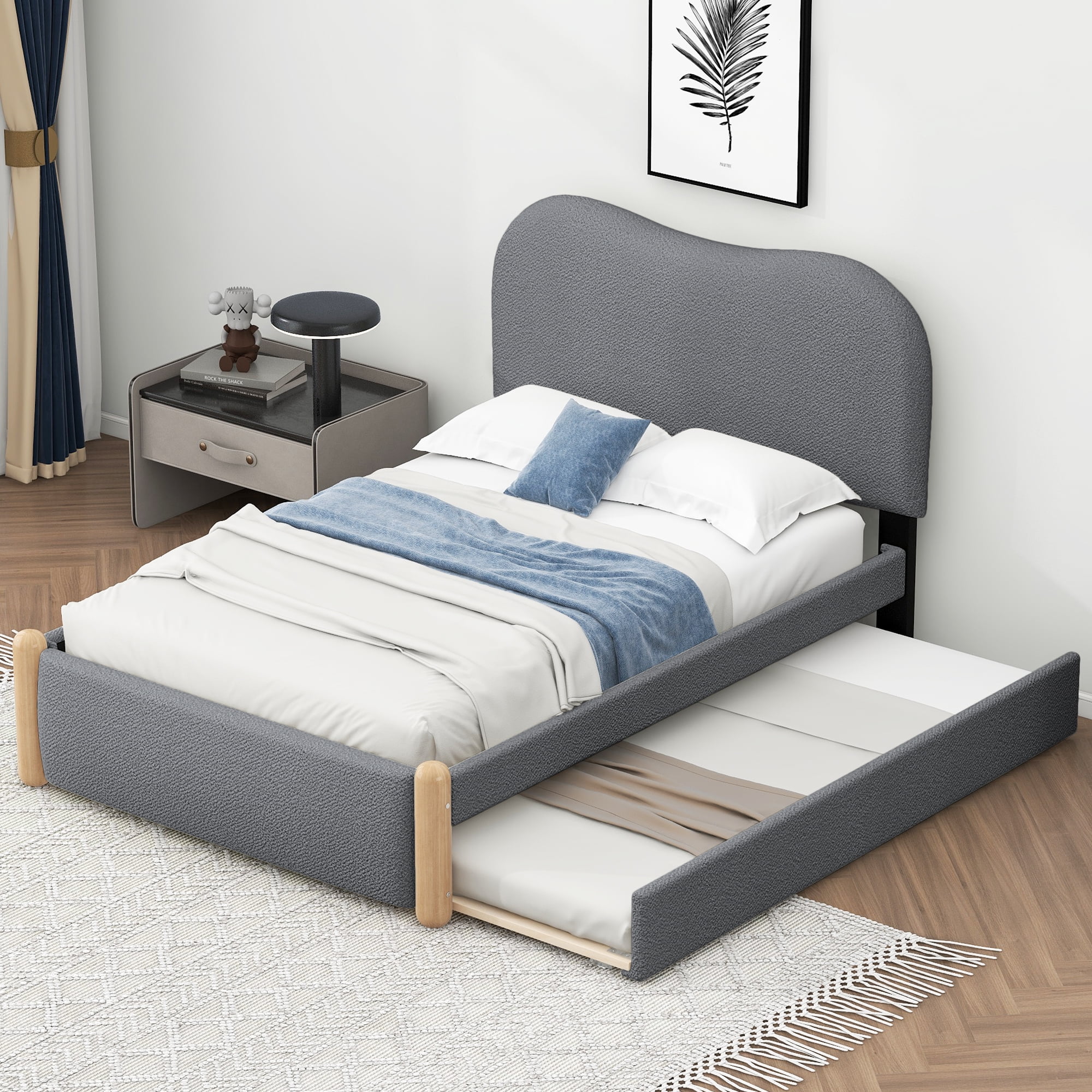EUROCO Upholstery Twin Size Platform Bed with Twin Size Trundle, Wood ...