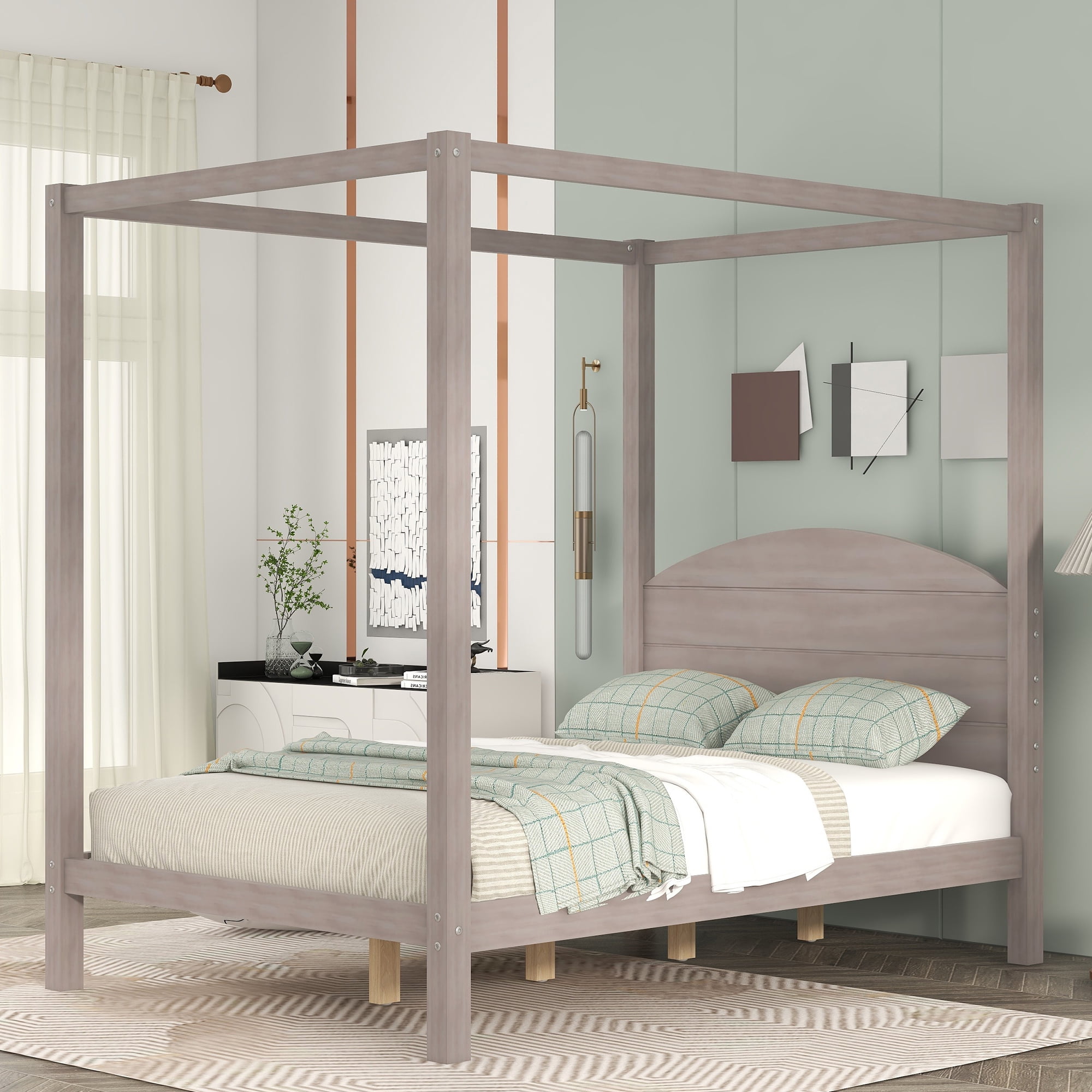 EUROCO Wood Full Size Canopy Bed, Solid Wood Platform Bed with ...