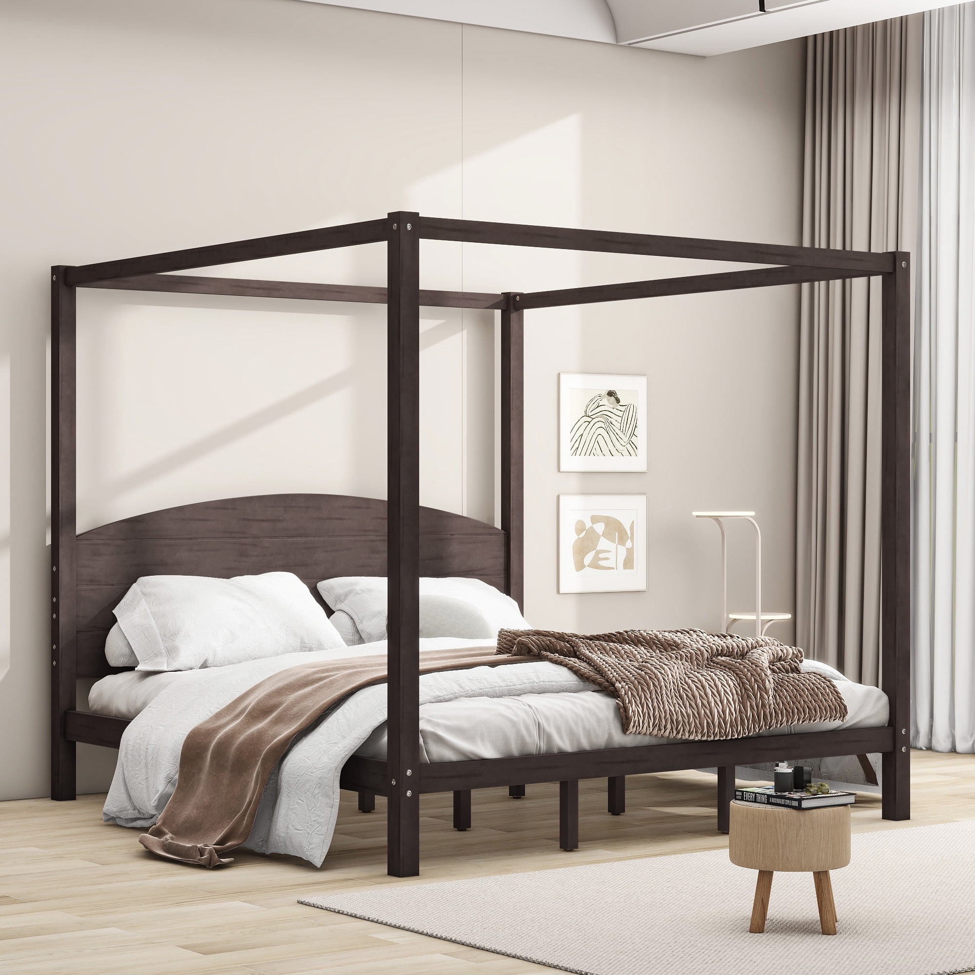 EUROCO Wood King Size Canopy Bed Frame, Solid Wood Platform Bed Legs ...