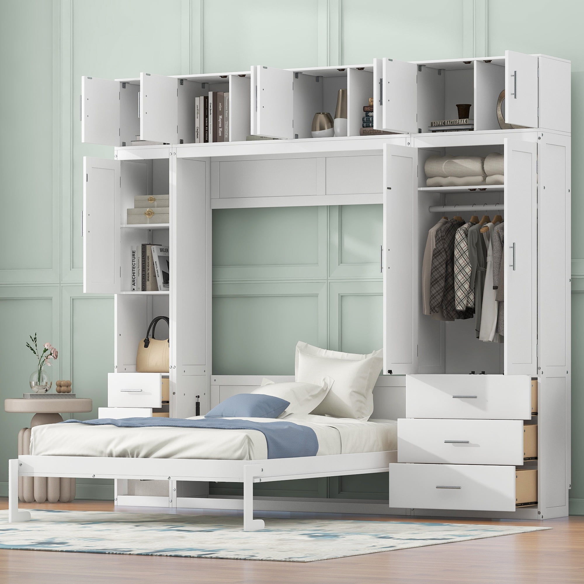 EUROCO Wood Murphy Bed, Storage Wall Bed with Cabinets and Drawers ...