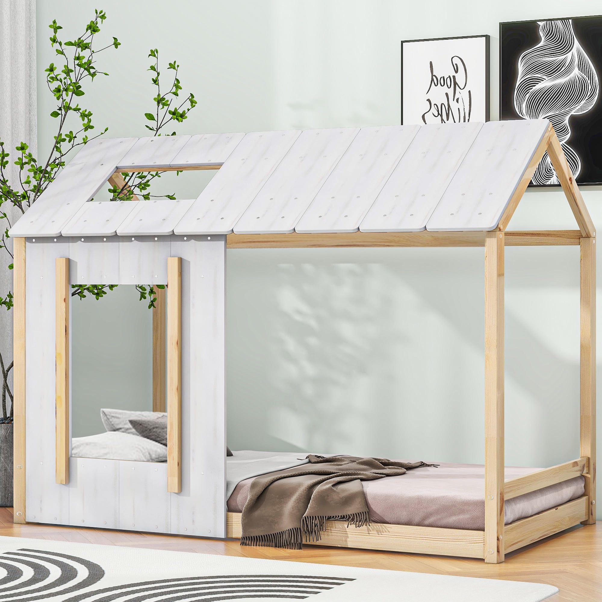 EUROCO Wood Twin Classic House Platform Bed with Roof and Window for ...
