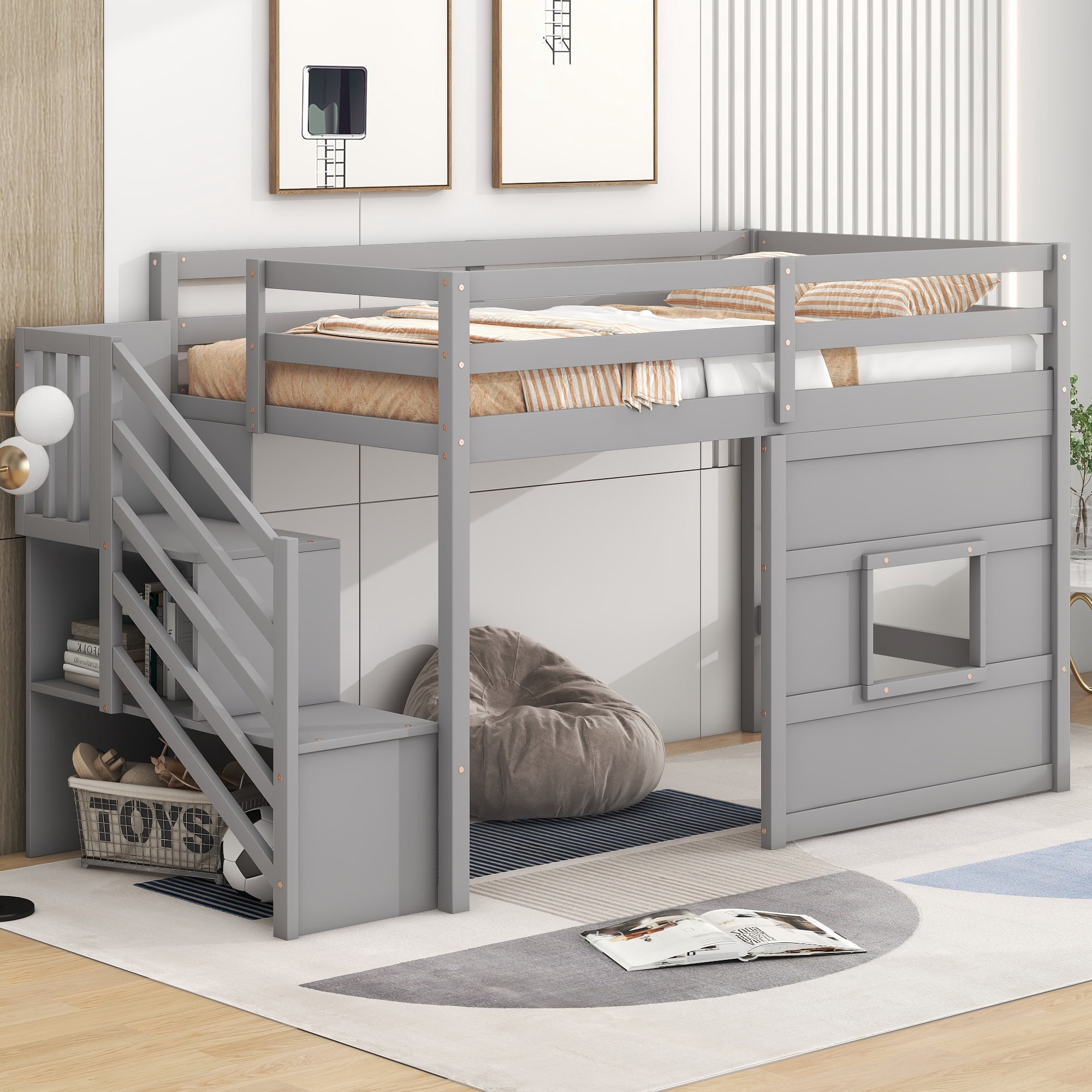 EUROCO Wood Twin Size Loft Bed, House Bed with Storage Staircase for ...