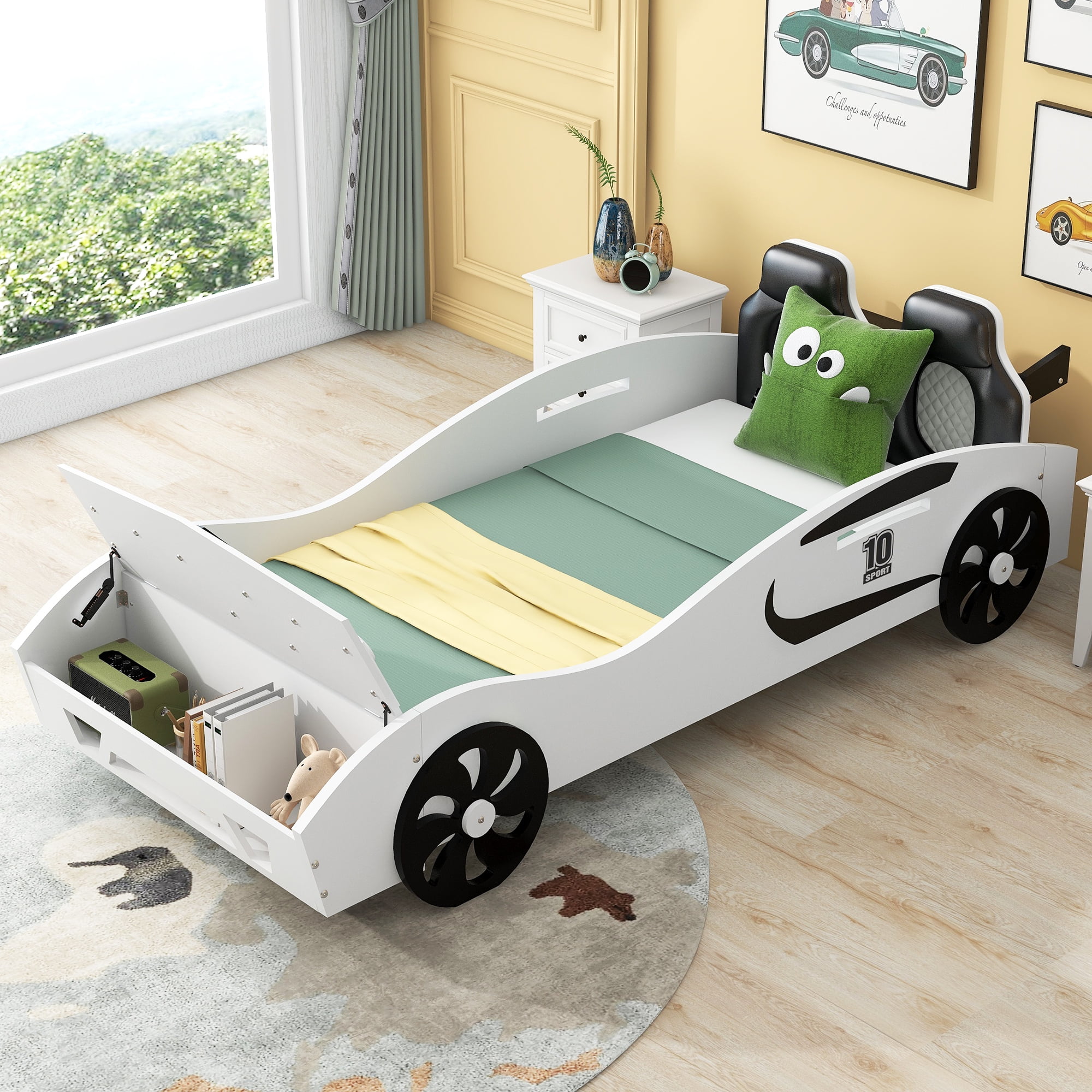 EUROCO Wood Twin Size Platform Bed Frame, Car Bed with PU Headboard and ...