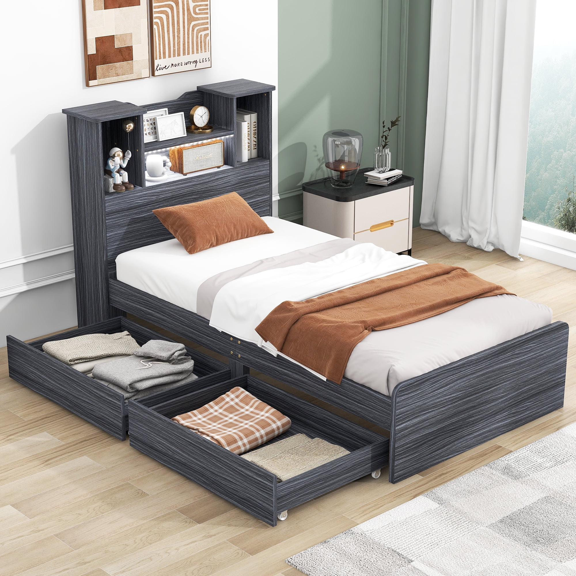 Euroco Wood Twin Size Bed Frame With Storage Headboard 2 Drawers