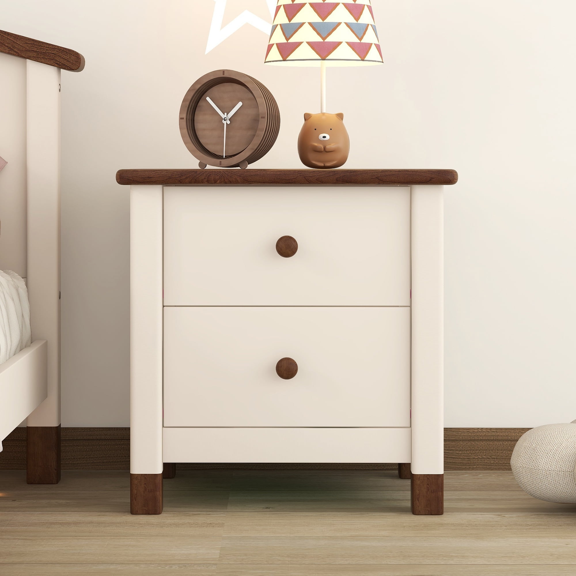 EUROCO Wooden Nightstand with Two Drawers for Kids, Pine Wood Bedside ...