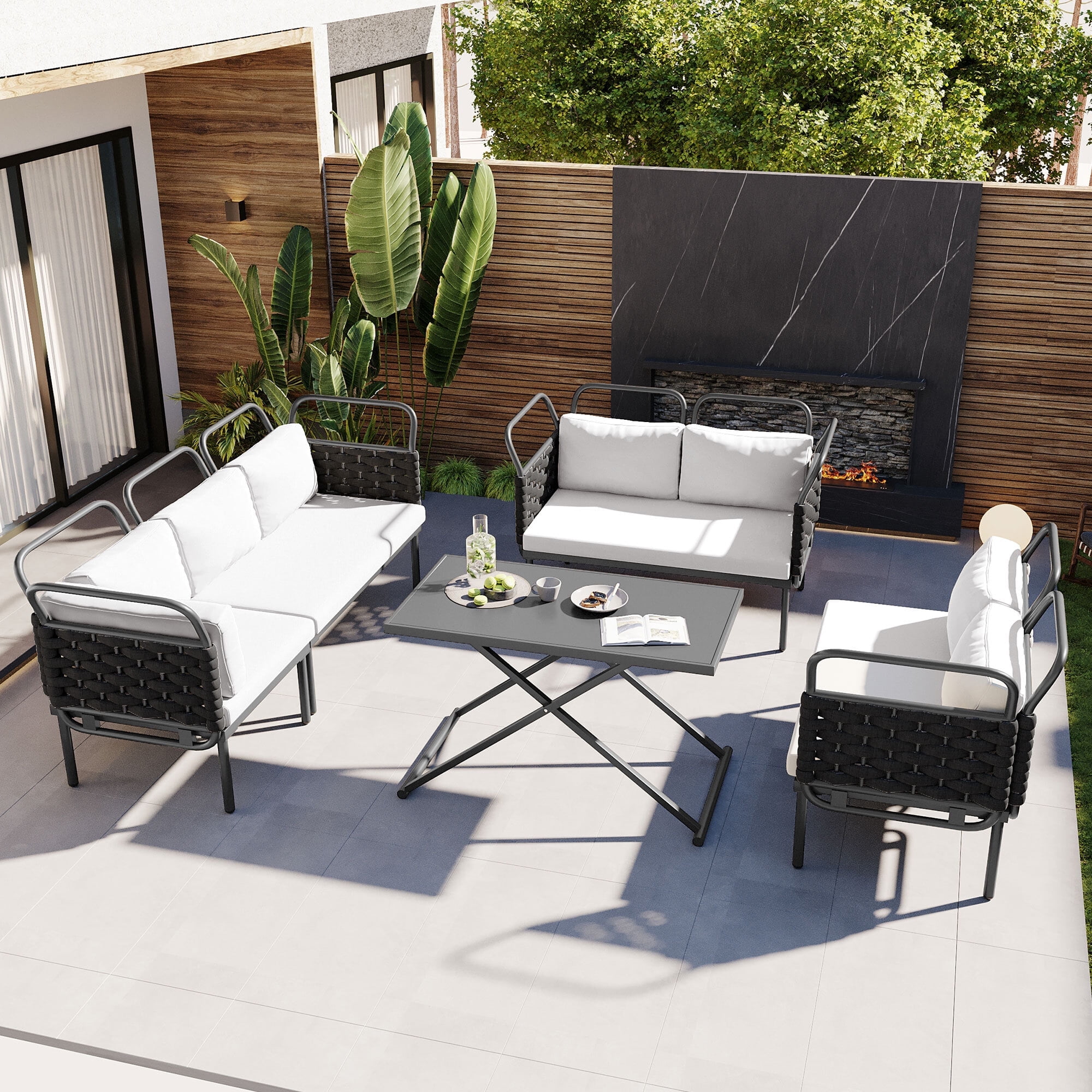 EUROCO Woven Rope Patio Sectional Sofa Set, 5 Pieces Ergonomically ...