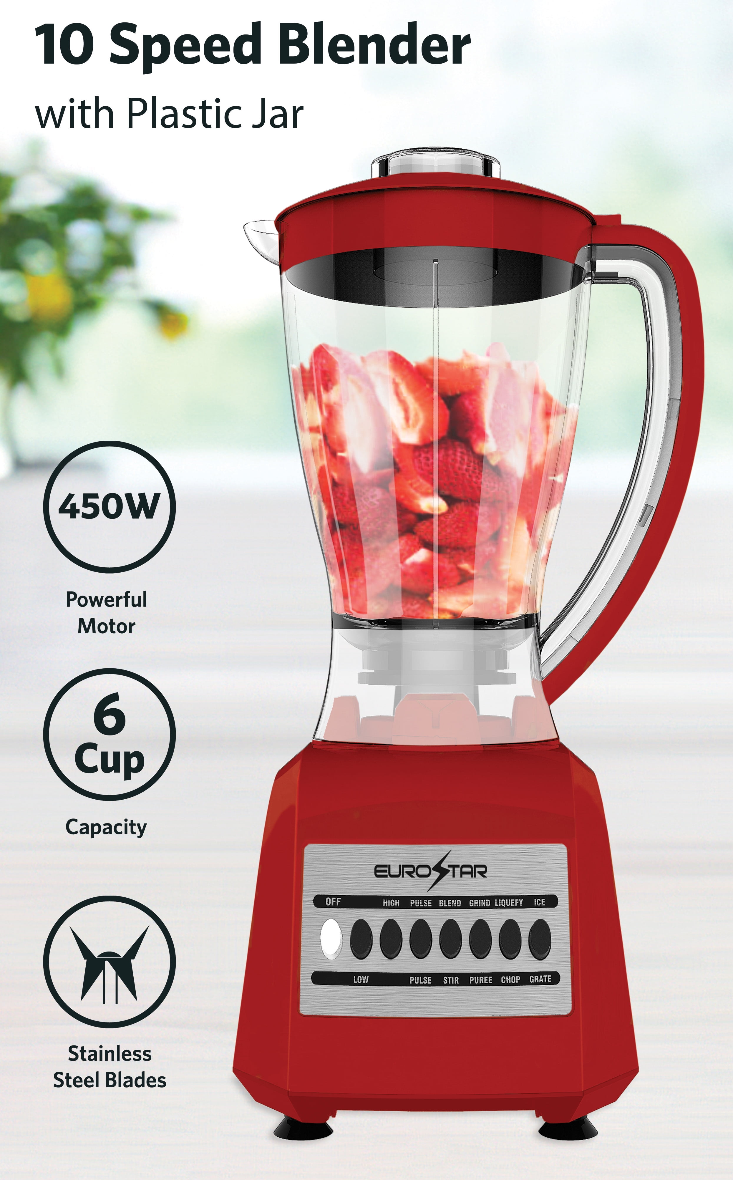 EUROSTAR 450W Countertop Kitchen Blender, 10-Speed, Red, with Plastic ...