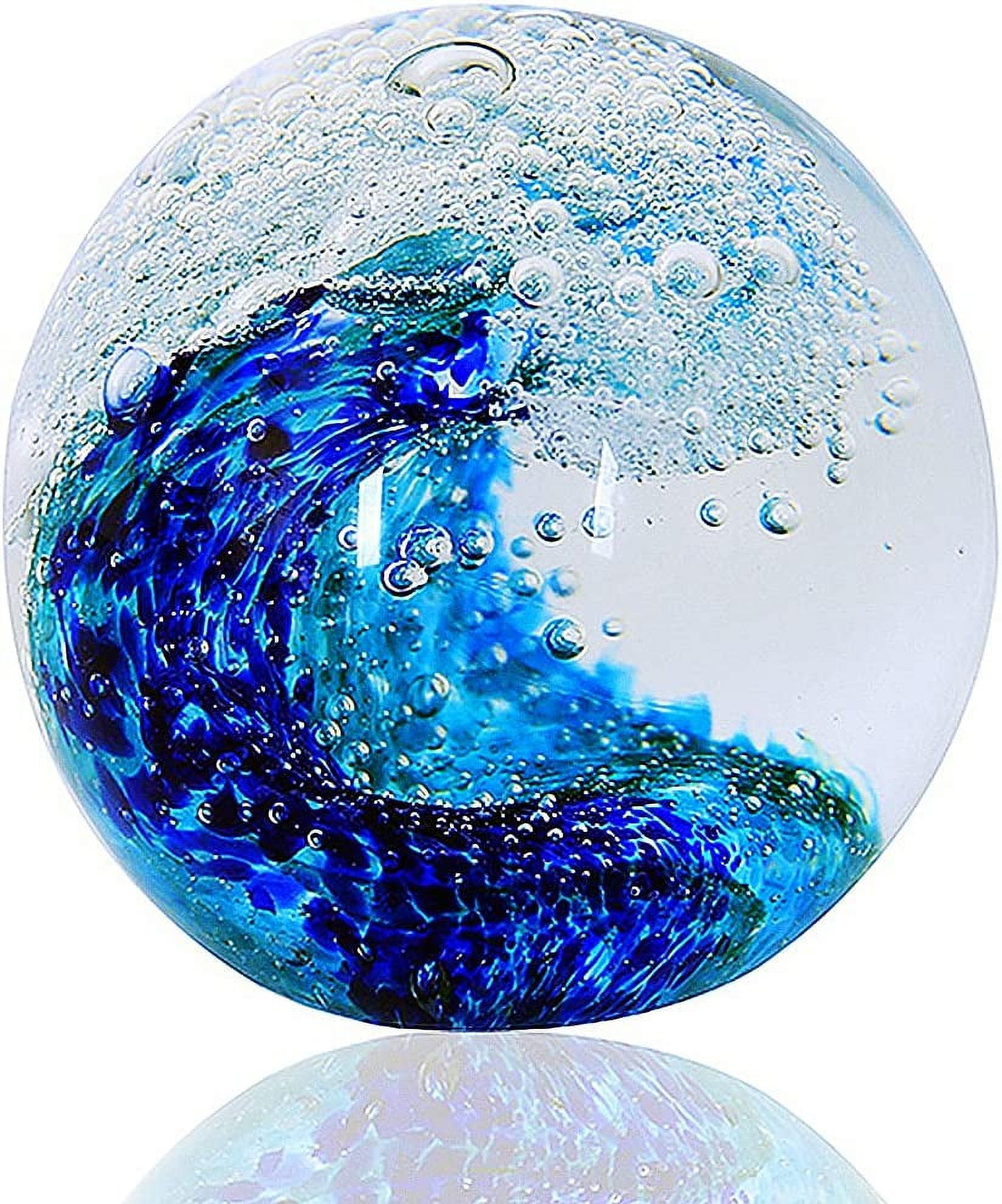 EUSTUMA Ocean Waves Circle Hand Blown Glass Paper Weight, Blue ...