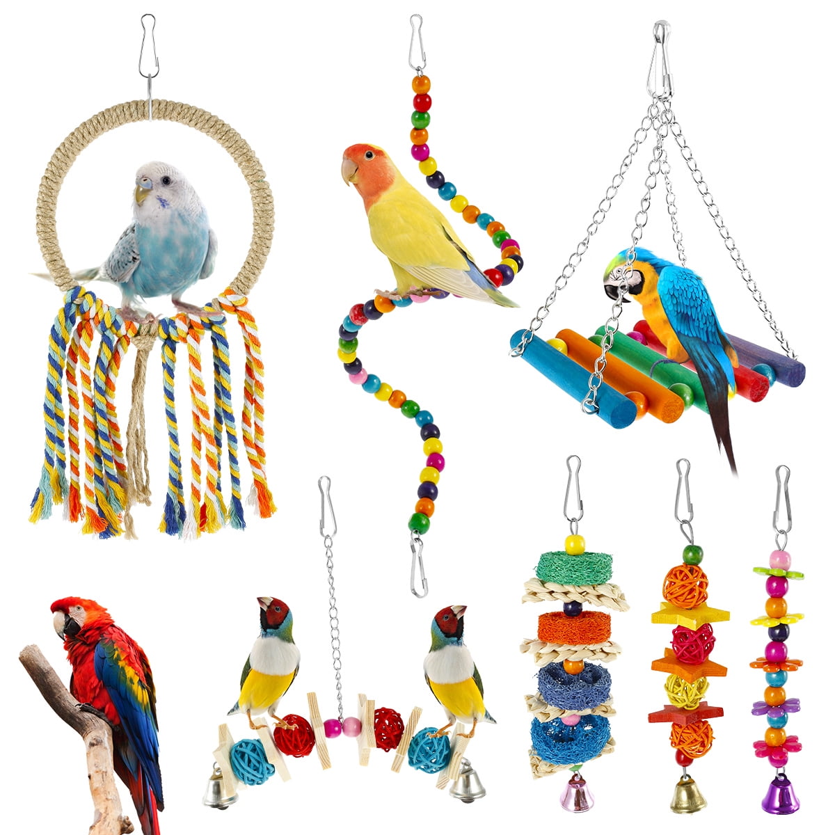 EUWBSSR 7 Piece Parrot Toy Set, Bird Cage Swing, Hammock, Chewing Toy ...