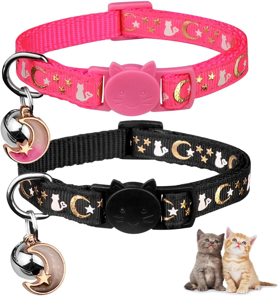 EUZODNAK 2PCS Breakaway Cat Collars with Bell Moons Stars Cute Kitty ...