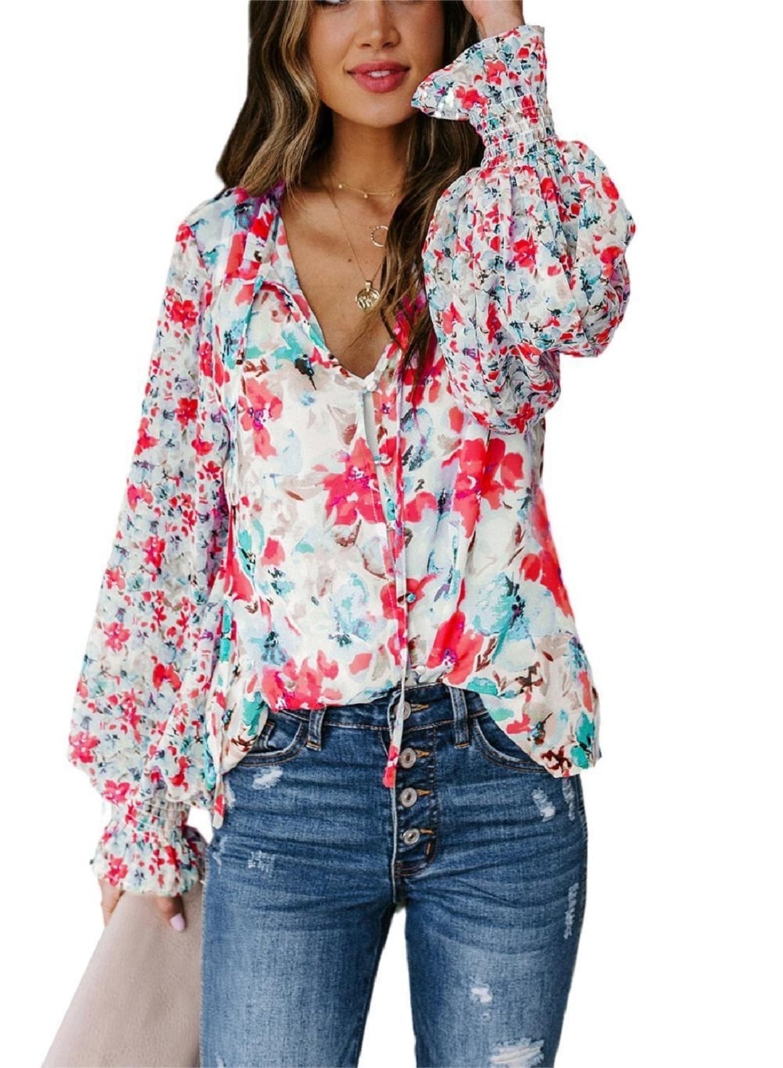 EVALESS Women's V Neck, Floral Print Chiffon Top, Boho Style Dressy Red ...