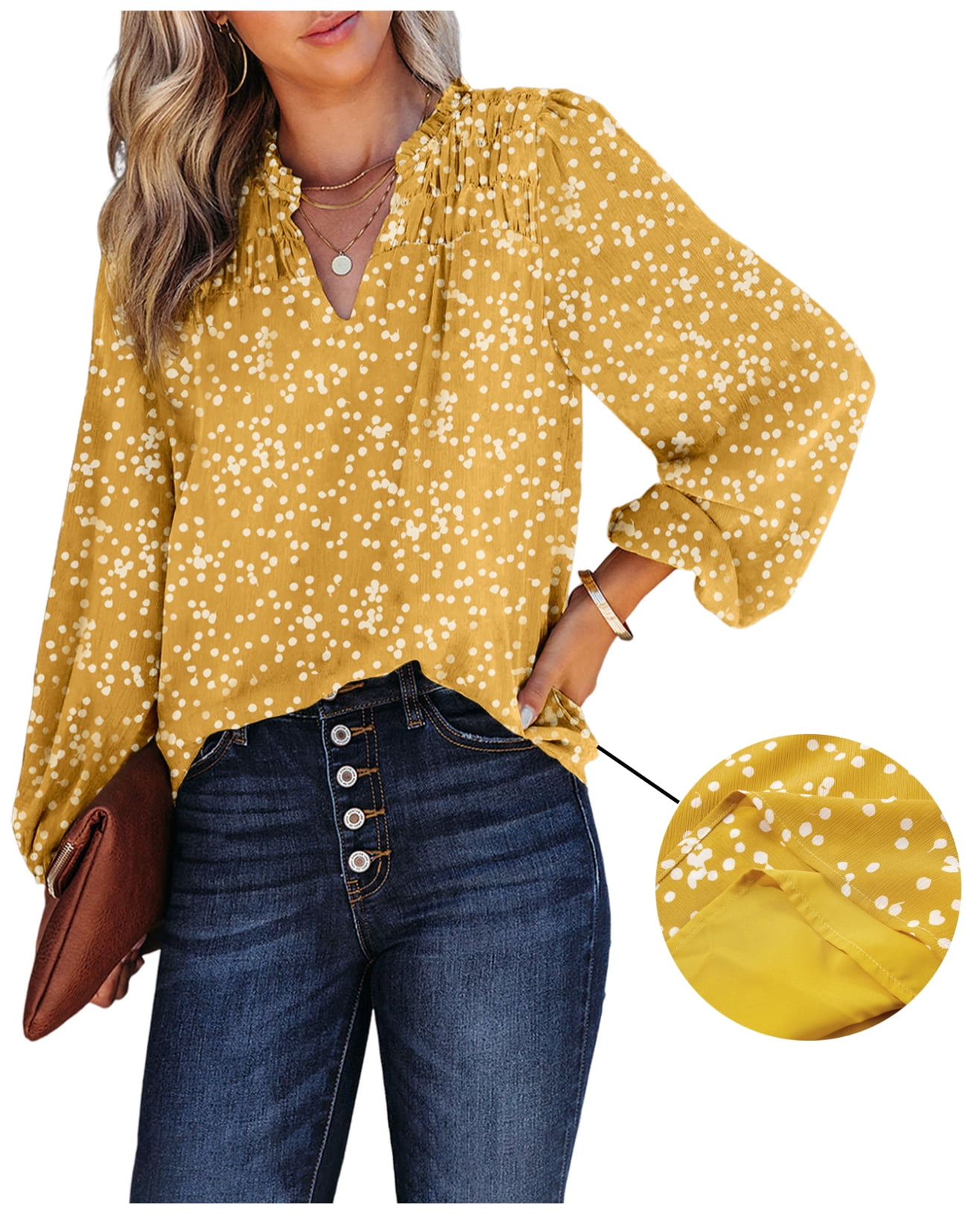 EVALESS Women's Long Sleeve V Neck Boho Floral Blouse, Yellow, Smocked ...