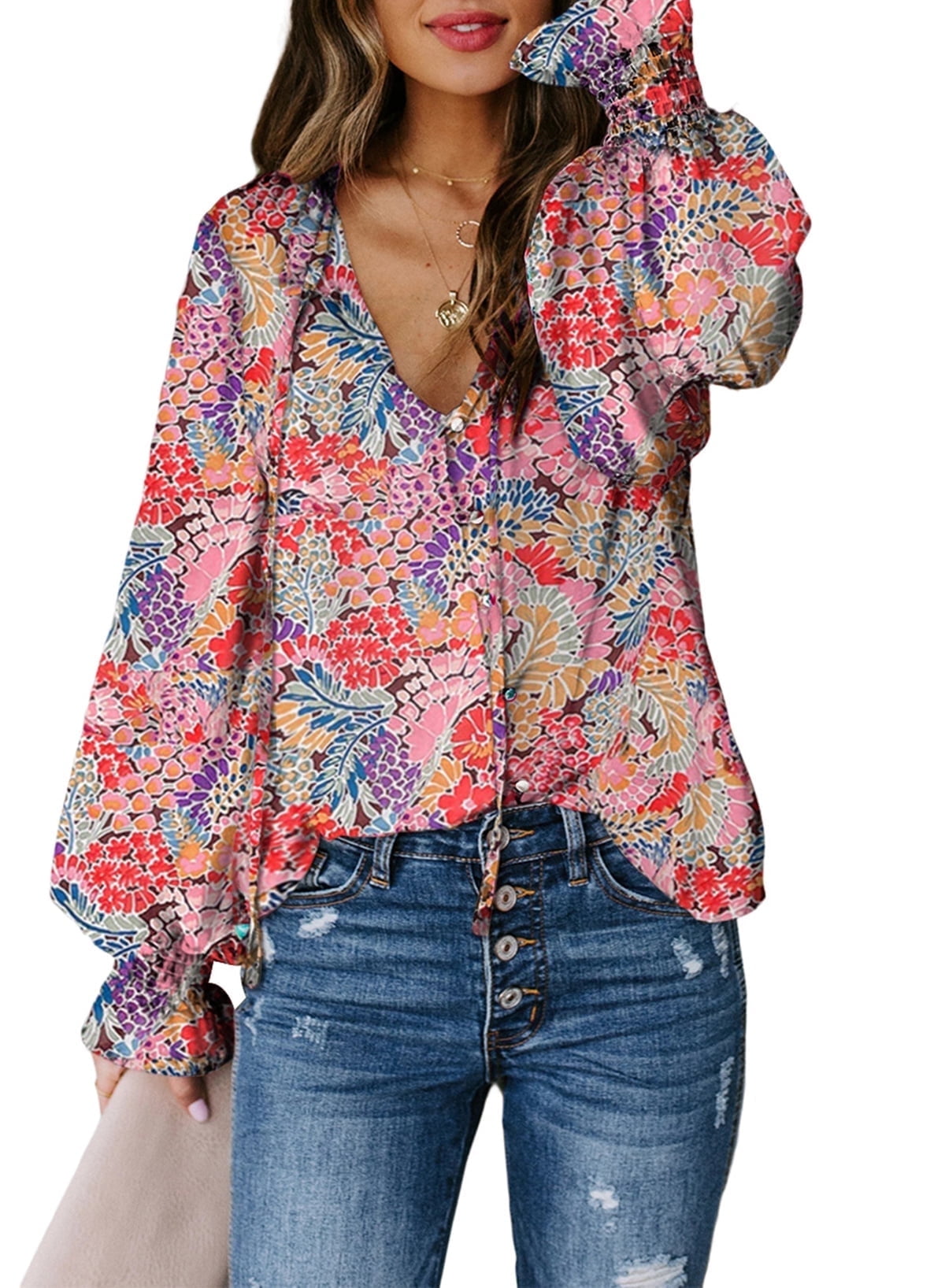 EVALESS Bohemian V Neck Long Sleeve Button Blouse, Casual Loose ...
