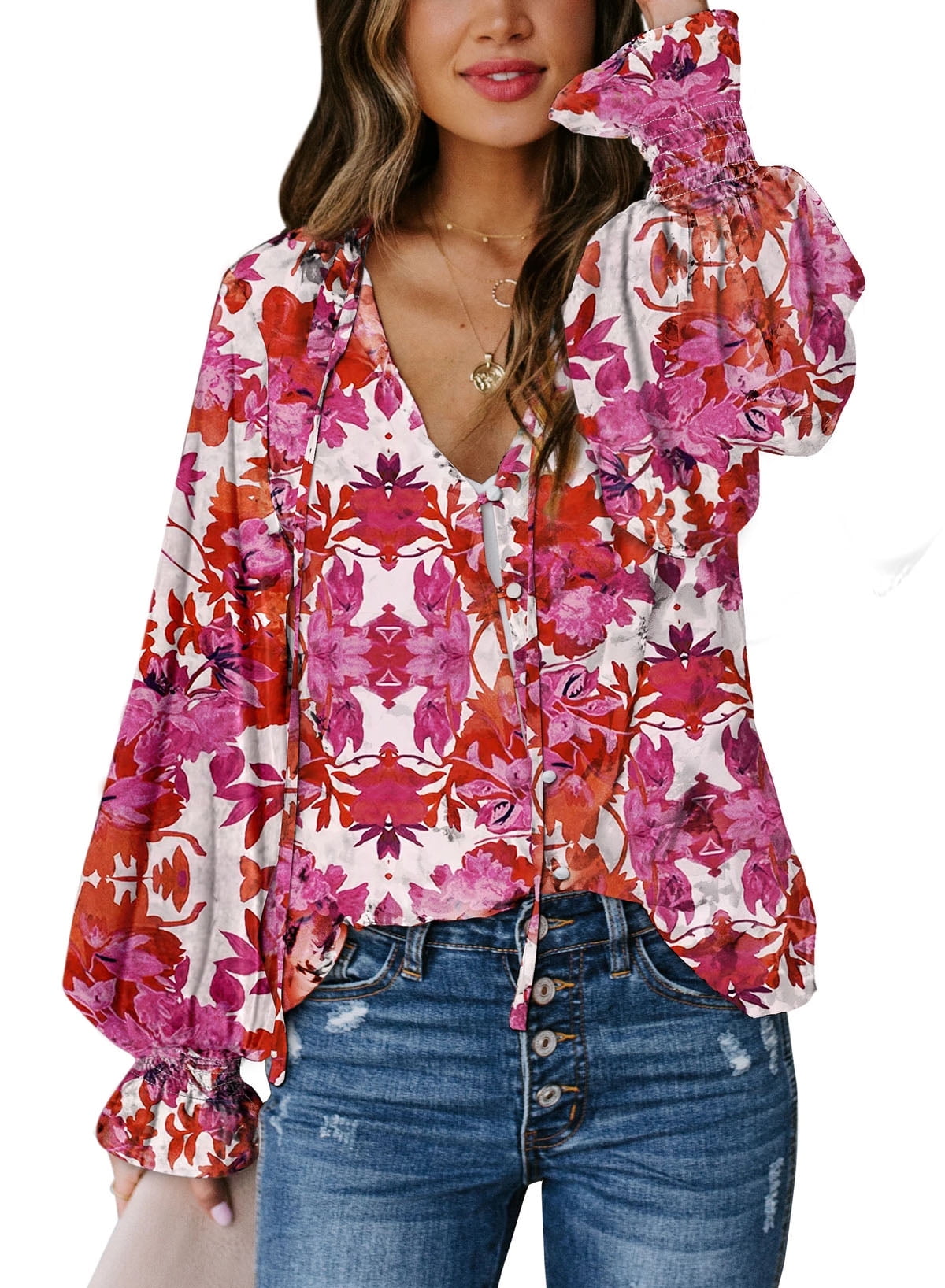 EVALESS Boho Tops for Women Casual V Neck Long Sleeve Drawstring Button ...