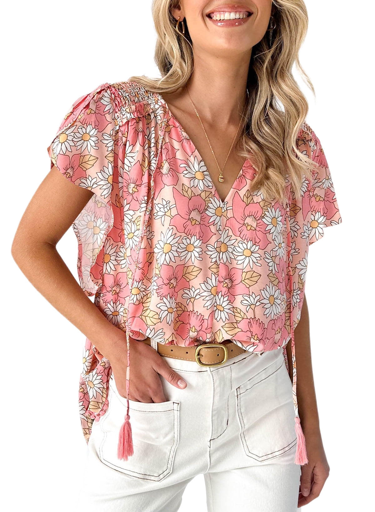 EVALESS Boho Tops for Women Casual V Neck Ruffles Short Sleeve Chiffon ...