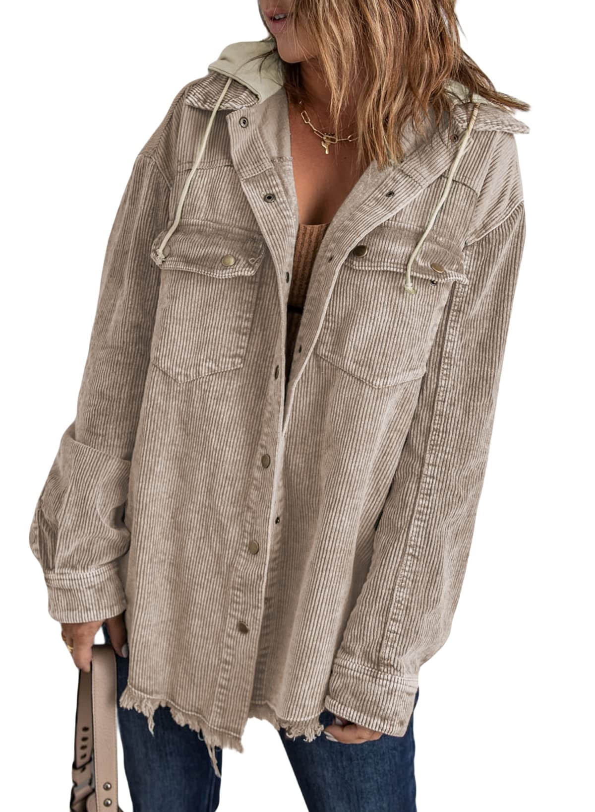 EVALESS Corduroy Shacket Women Casual Colorblock Long Sleeve Button ...