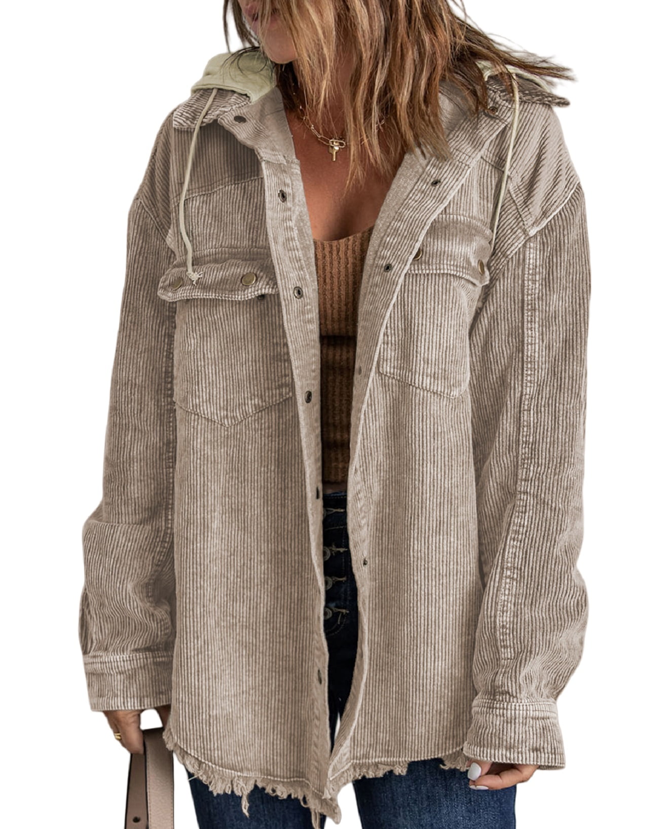 EVALESS Corduroy Shacket Women Casual Colorblock Long Sleeve Button ...