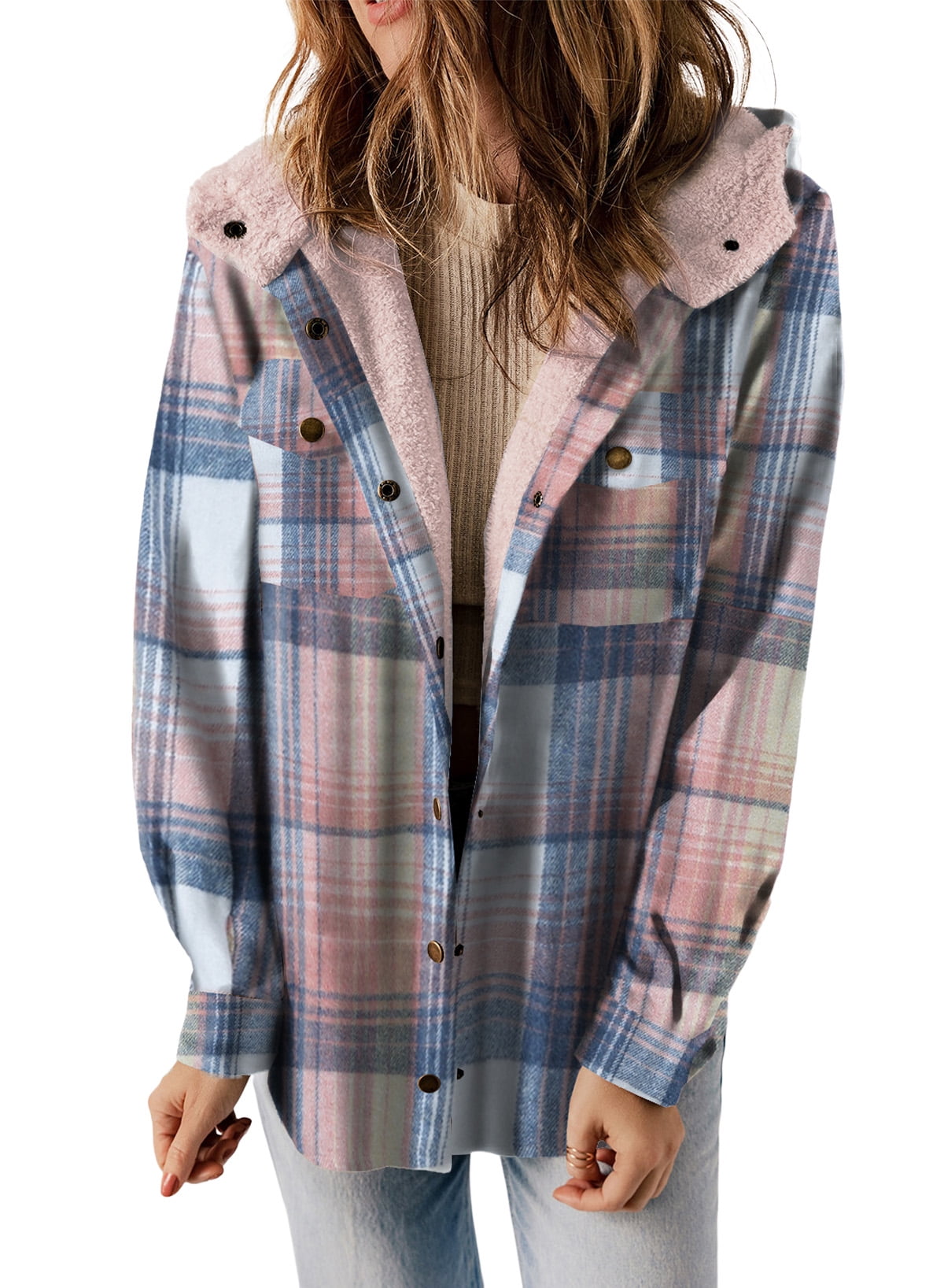 EVALESS Jackets for Women Plaid Hooded Shacket Jacket Casual Long ...