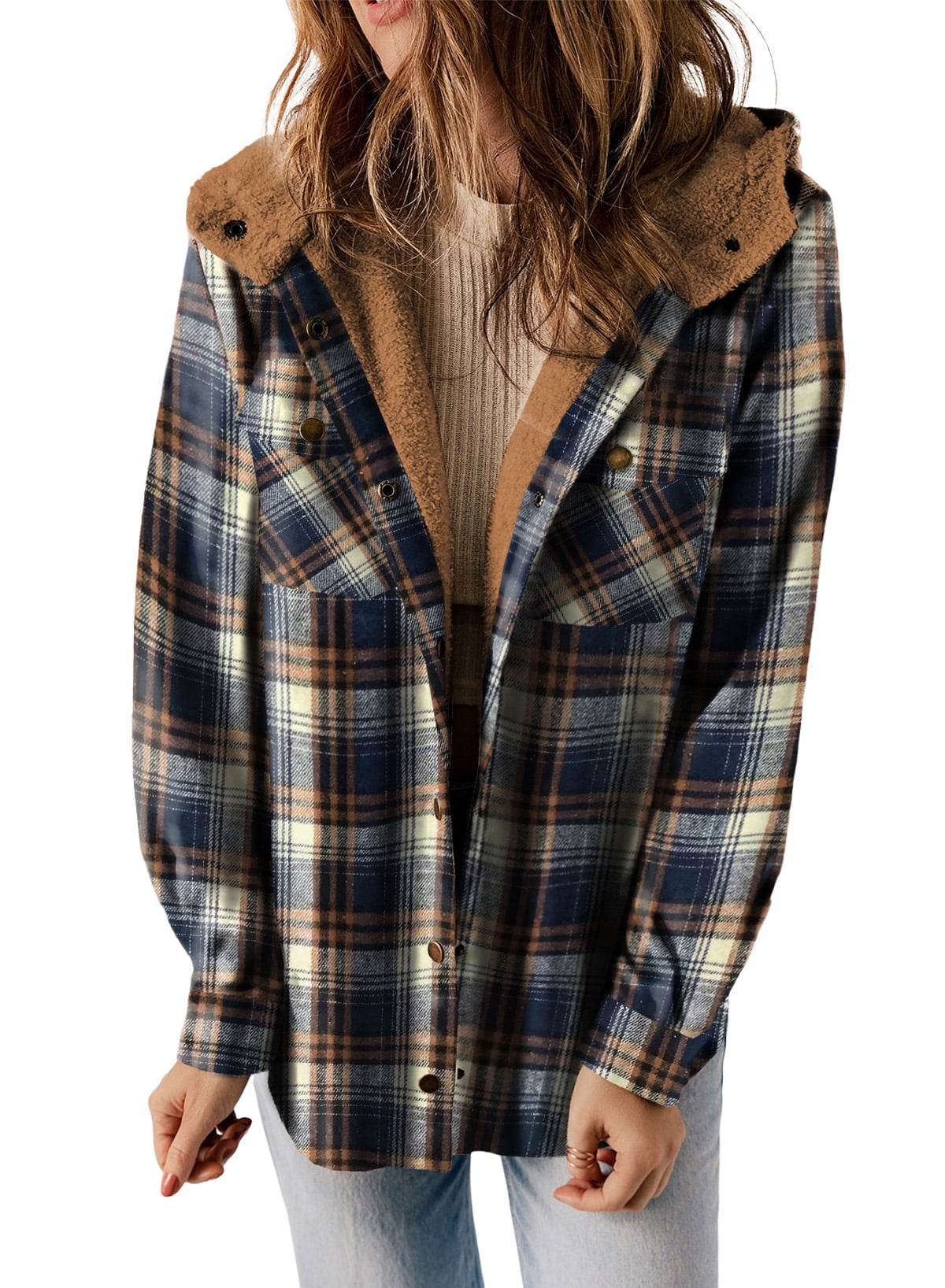 EVALESS Hooded Jackets for Women Plaid Long Sleeve Button Down Shacket ...